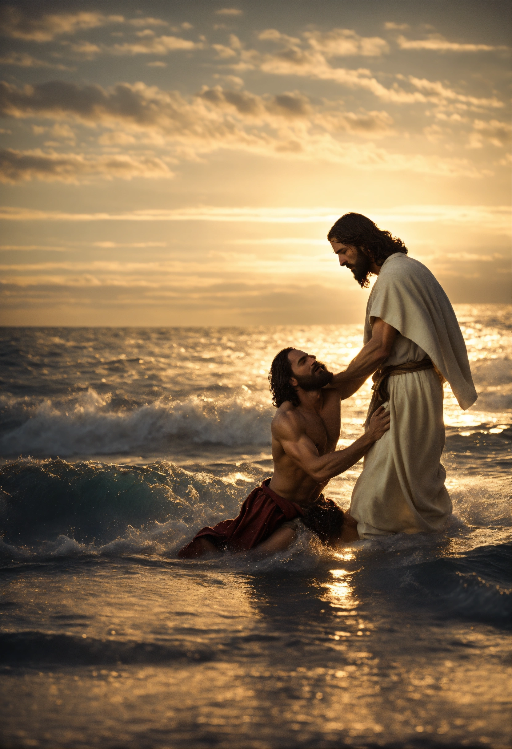 Lexica - Jesus pulling, lifting a man from ocean, realistic, cinematic ...