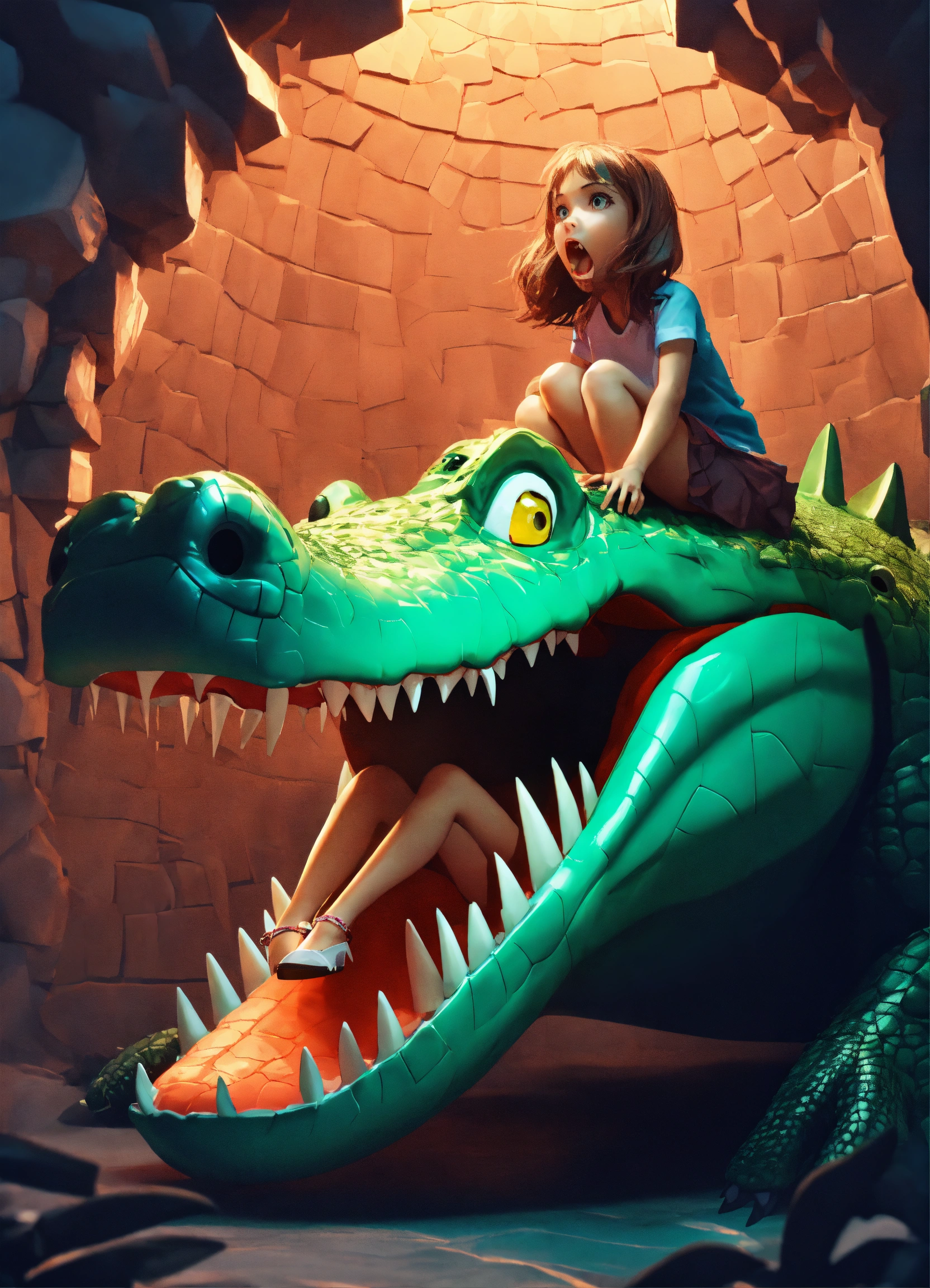 Lexica - Scared girl sitting deep entirely inside crocodile's open huge ...