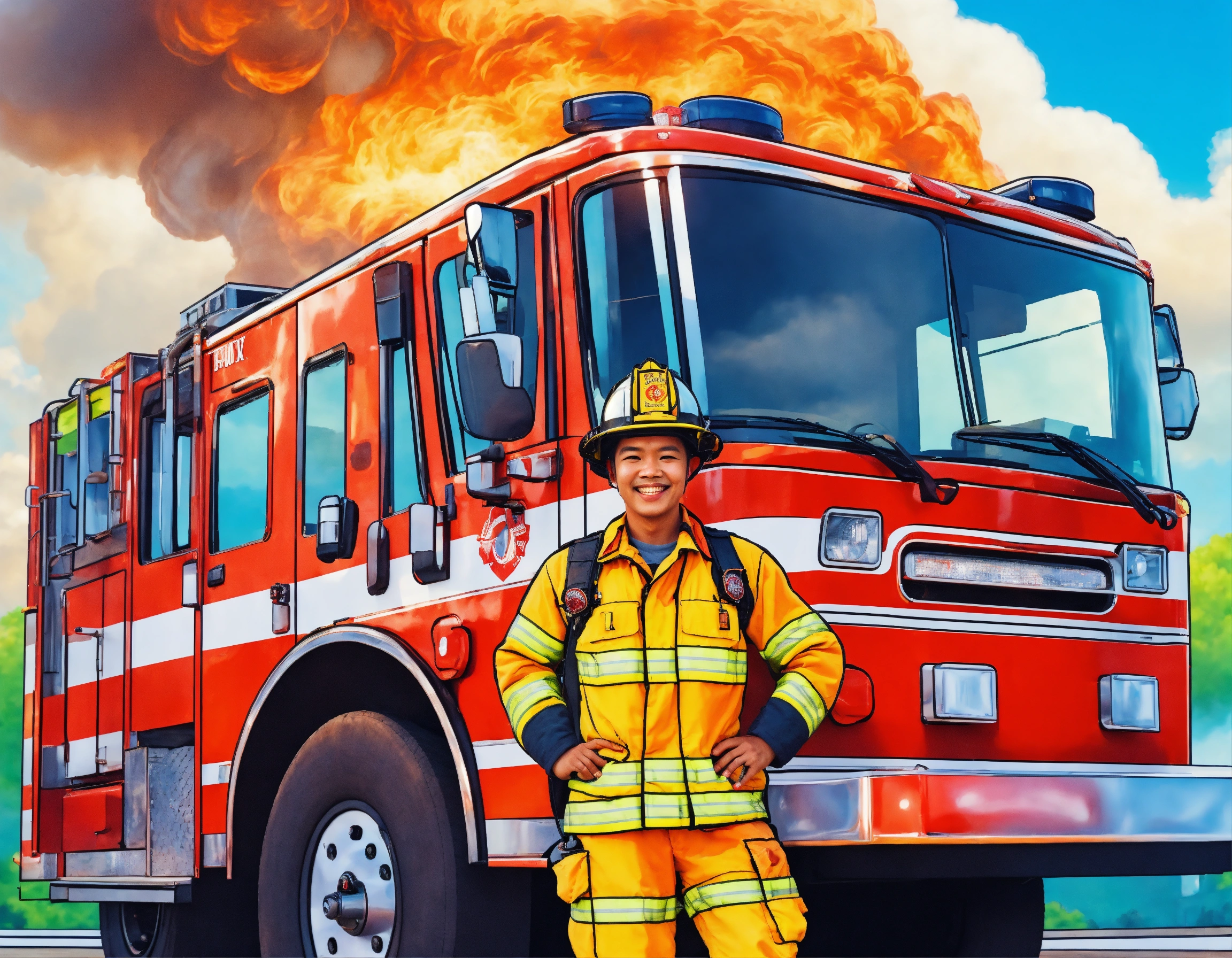 Lexica - A firefighter, smiling, Indonesian face, background in front ...