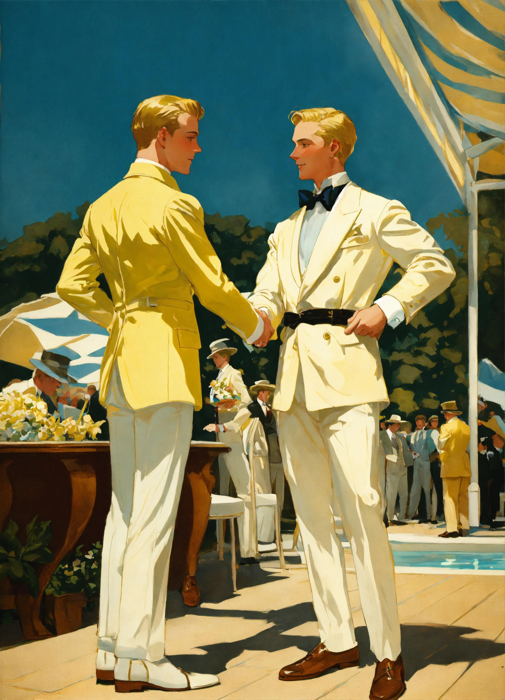 Lexica - A young blonde gentleman in fresh butter vested suit shaking ...