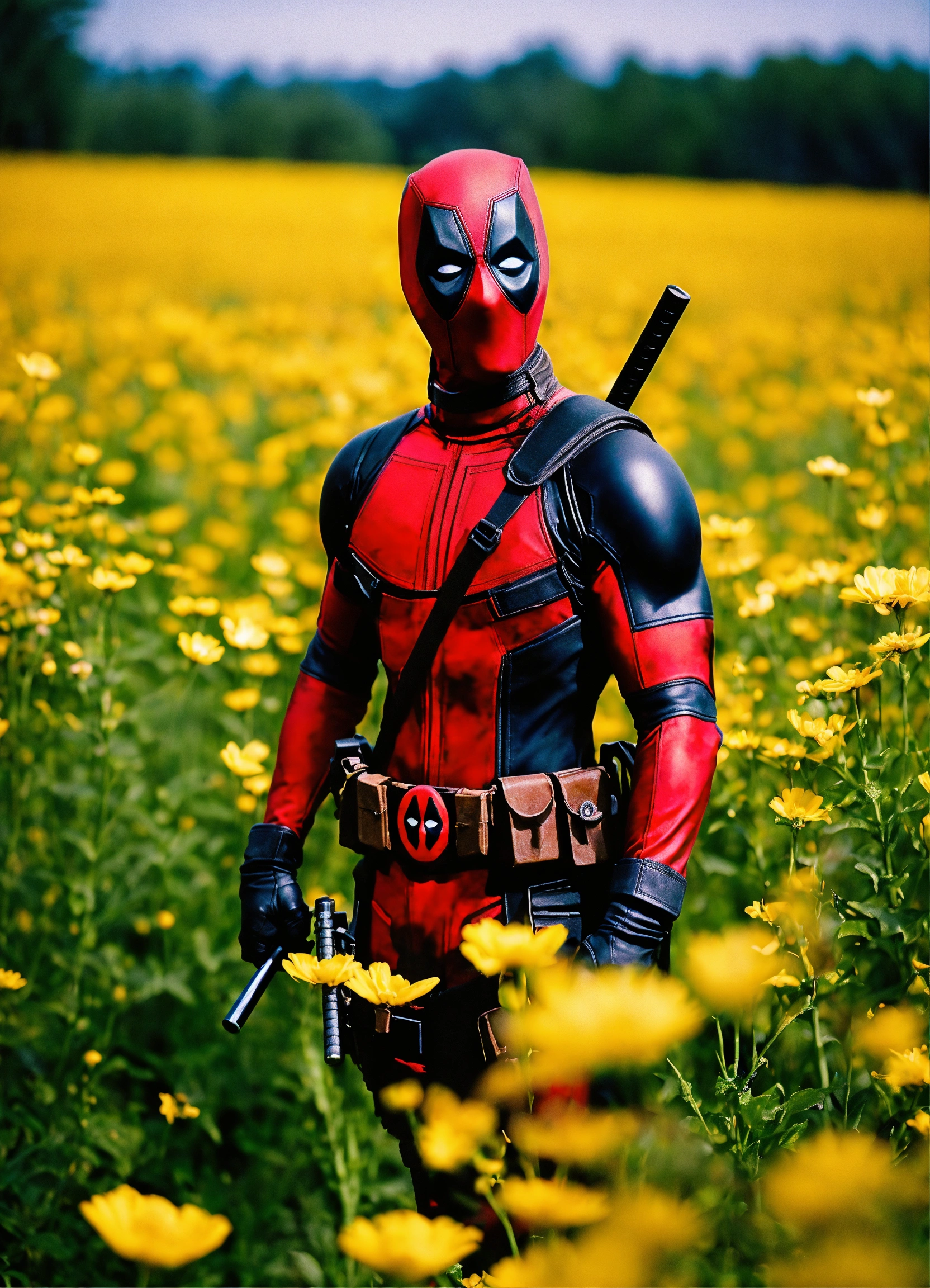 Lexica - Happy Deadpool standing in a beautiful field of flowers ...