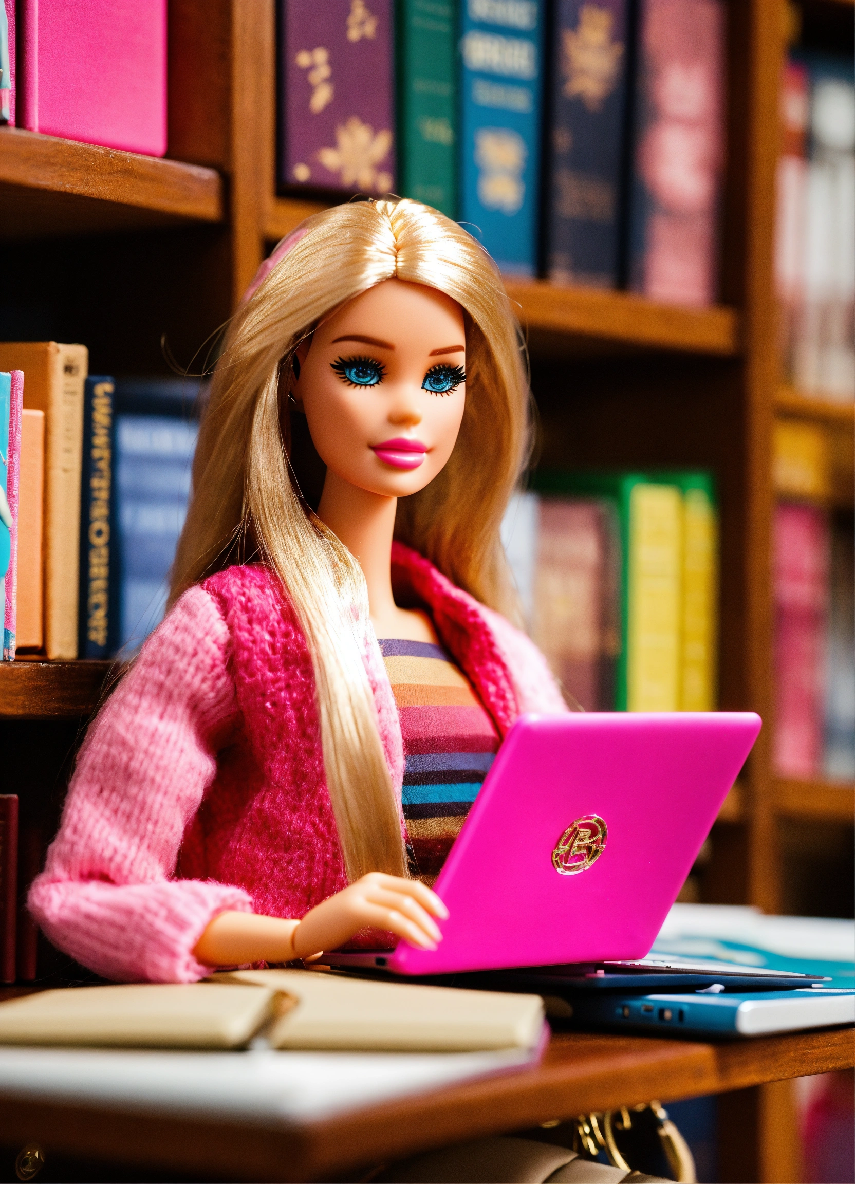 Lexica - Barbie dolls in the library, studying, with a pink laptop ...