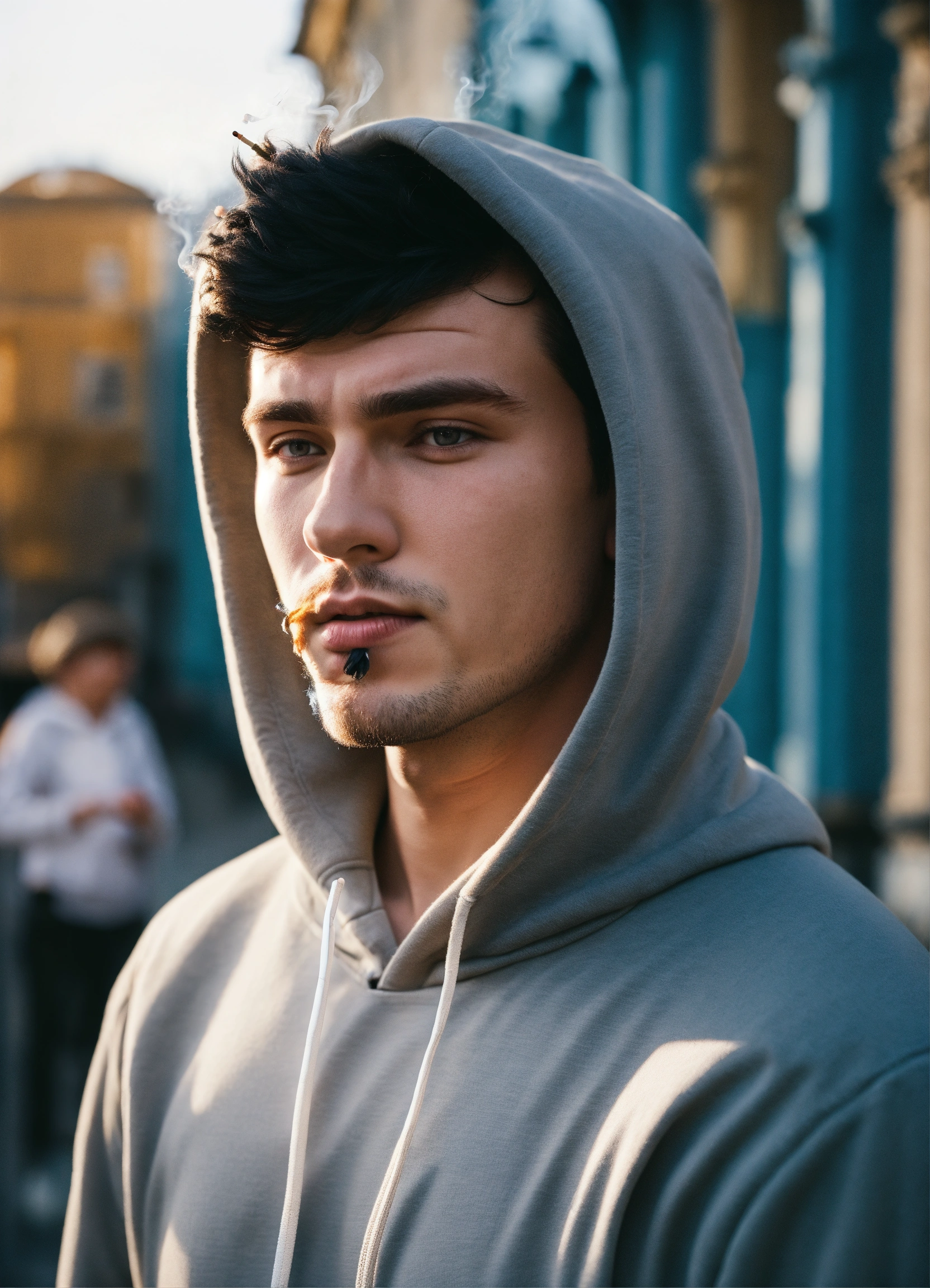 Lexica - Russian man with black hair in hoodie, smoking a cigarette in ...