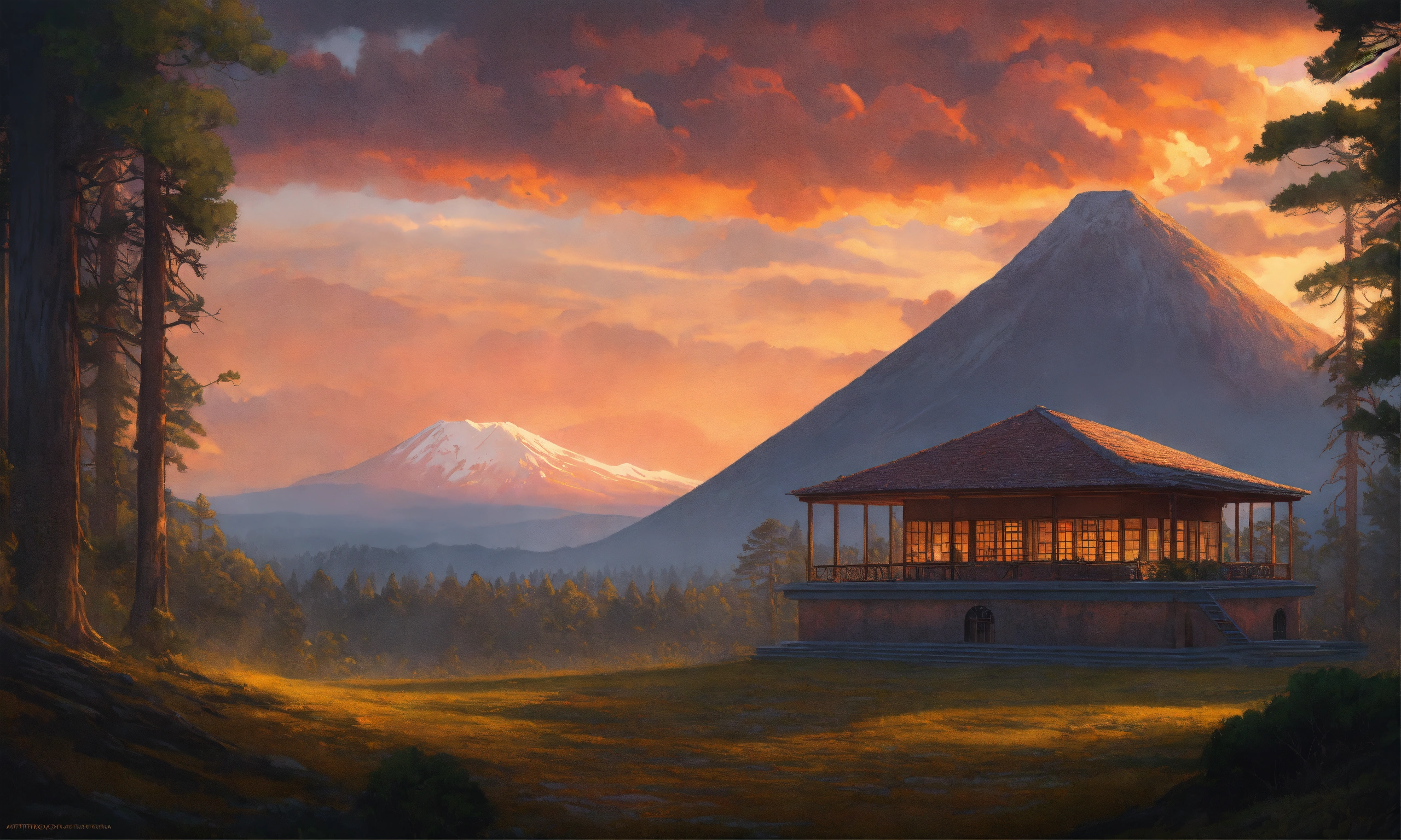 Lexica - Colonial blockhouse with dormant volcano in distance and pine ...