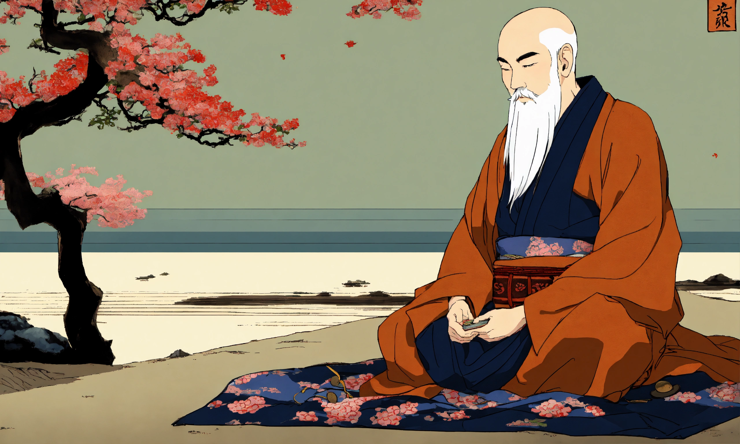 Lexica - Zen master with white beard, ukiyo-e style