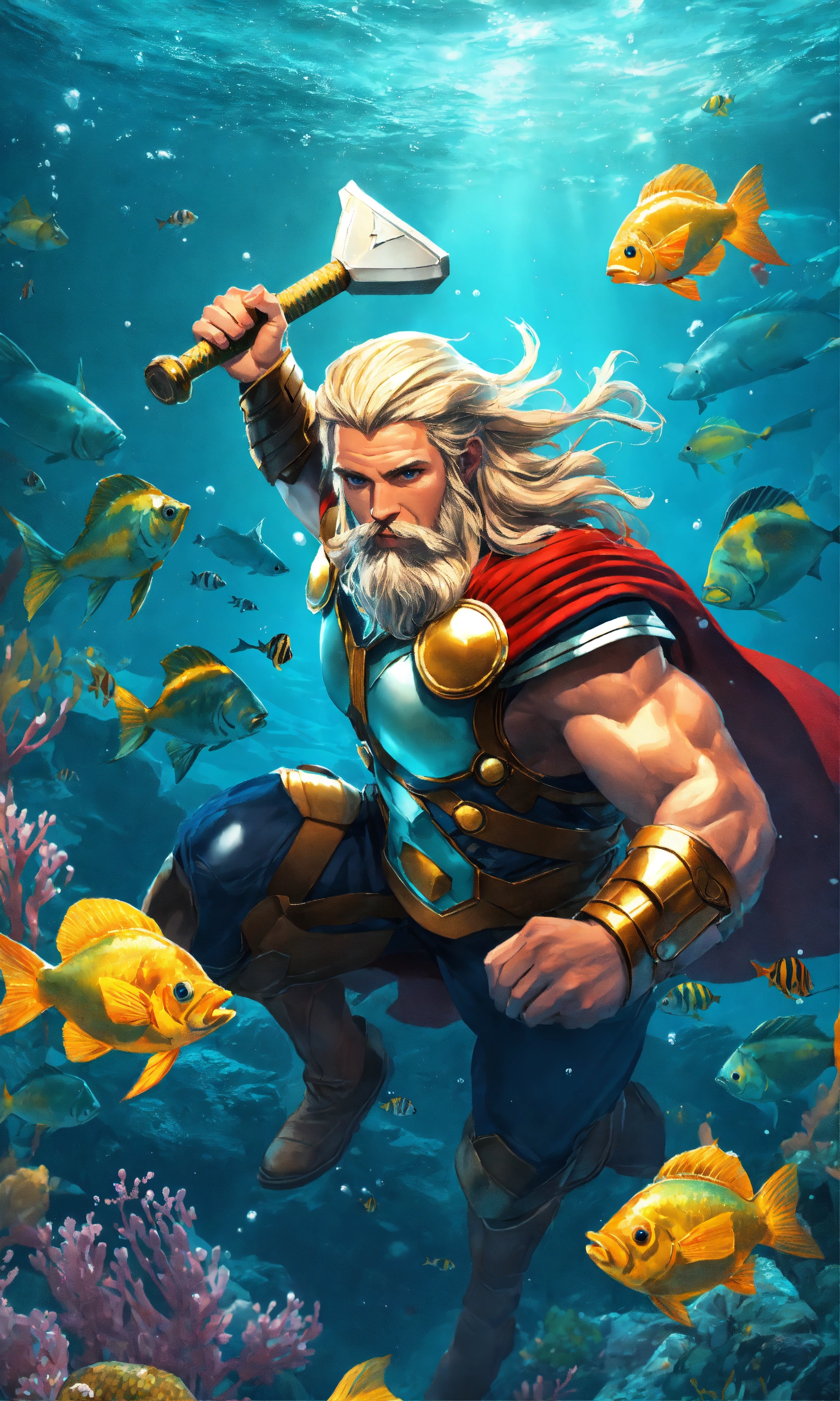 Lexica - Thor with fish underwater in the ocean, nature background, 2D ...