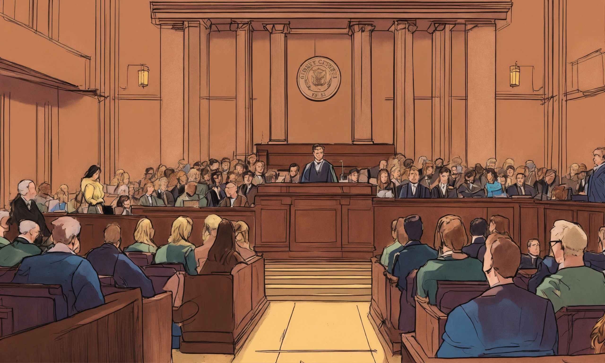 Lexica - Comic drawing of a person on trial in a courtroom with lots of ...