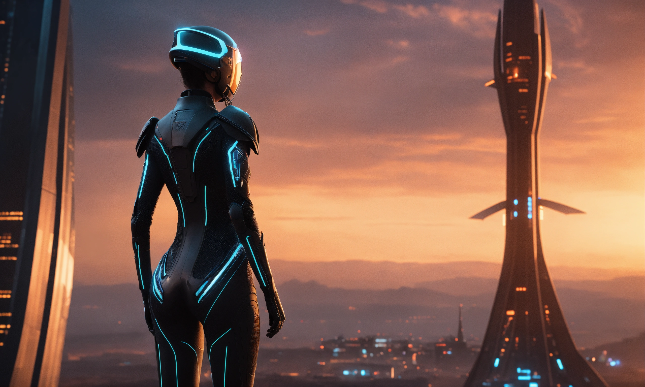 Lexica - Wide shot of the back of a female super spy wearing a tight ...