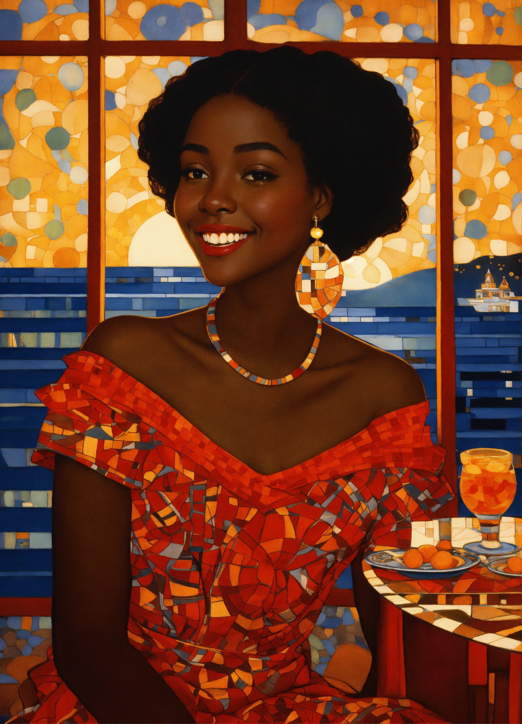 Lexica - Smiling African American girl wearing red, sitting in a ...