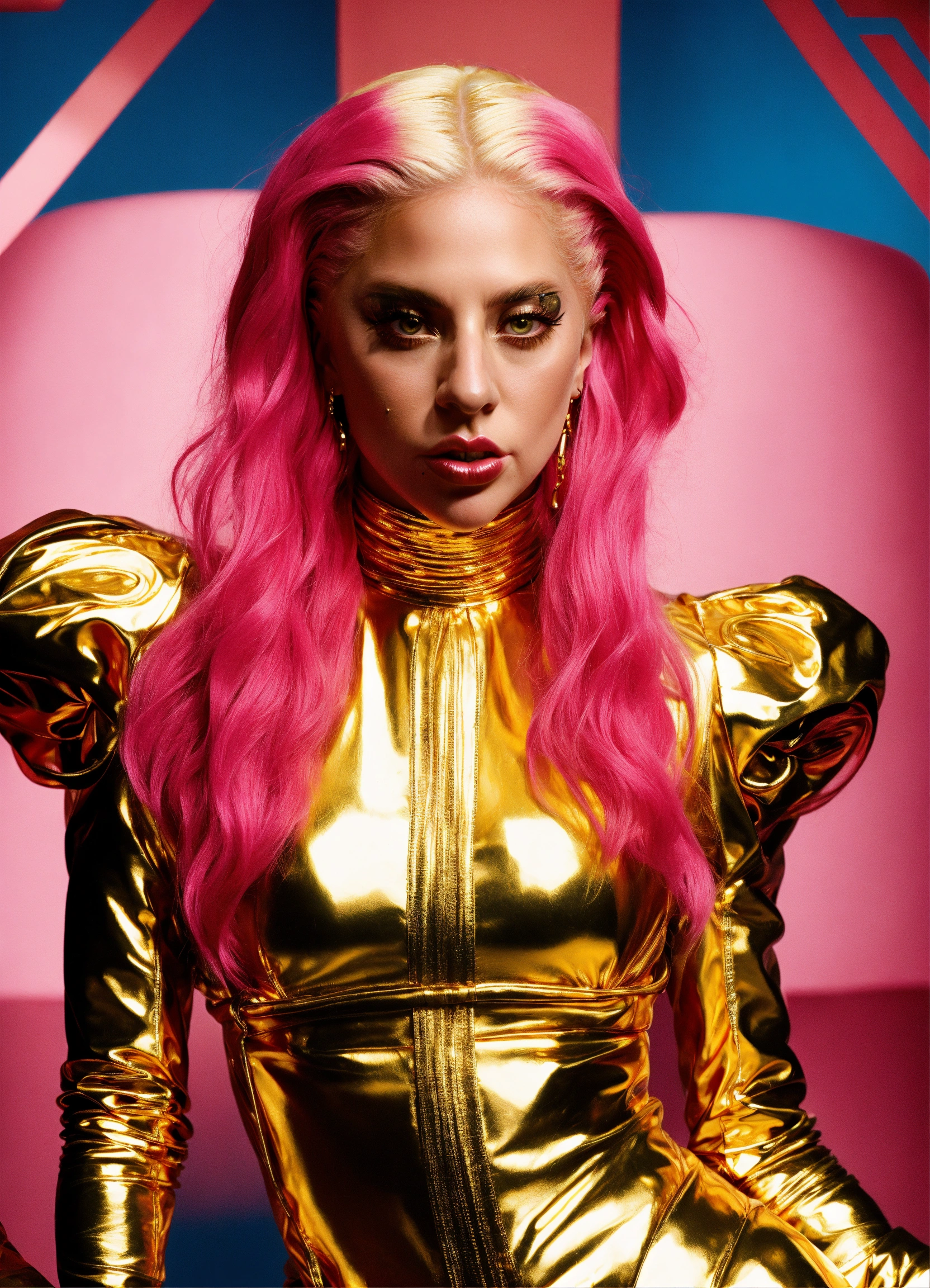 Lexica - Gold Full Body Lady Gaga Gold Hair, Gold Hair, Gold Eyes, Gold Hair, Hot Pink Metal ...