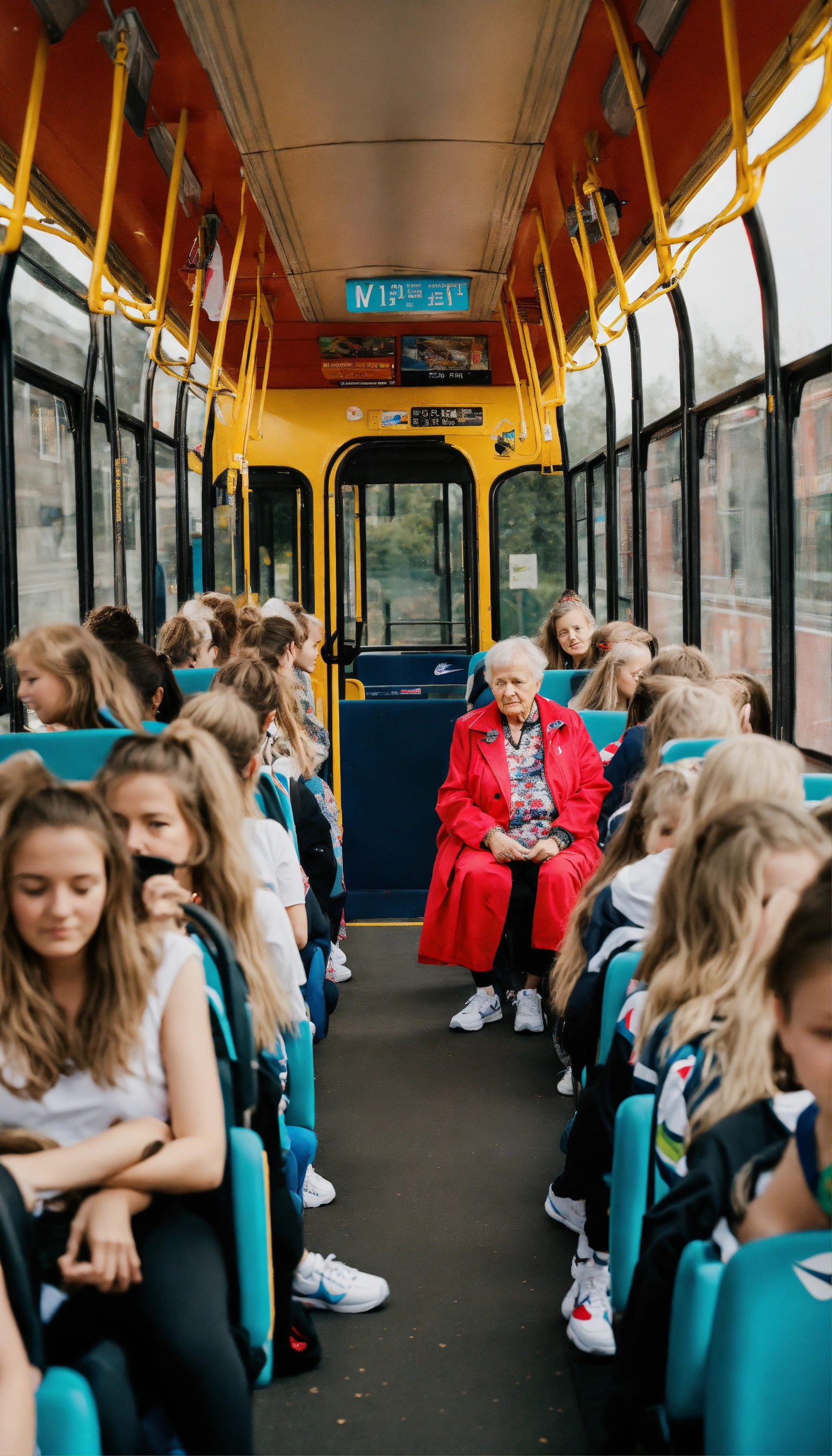 Lexica - British grandma, aged 70, she is sat on a bus, she is sat next ...
