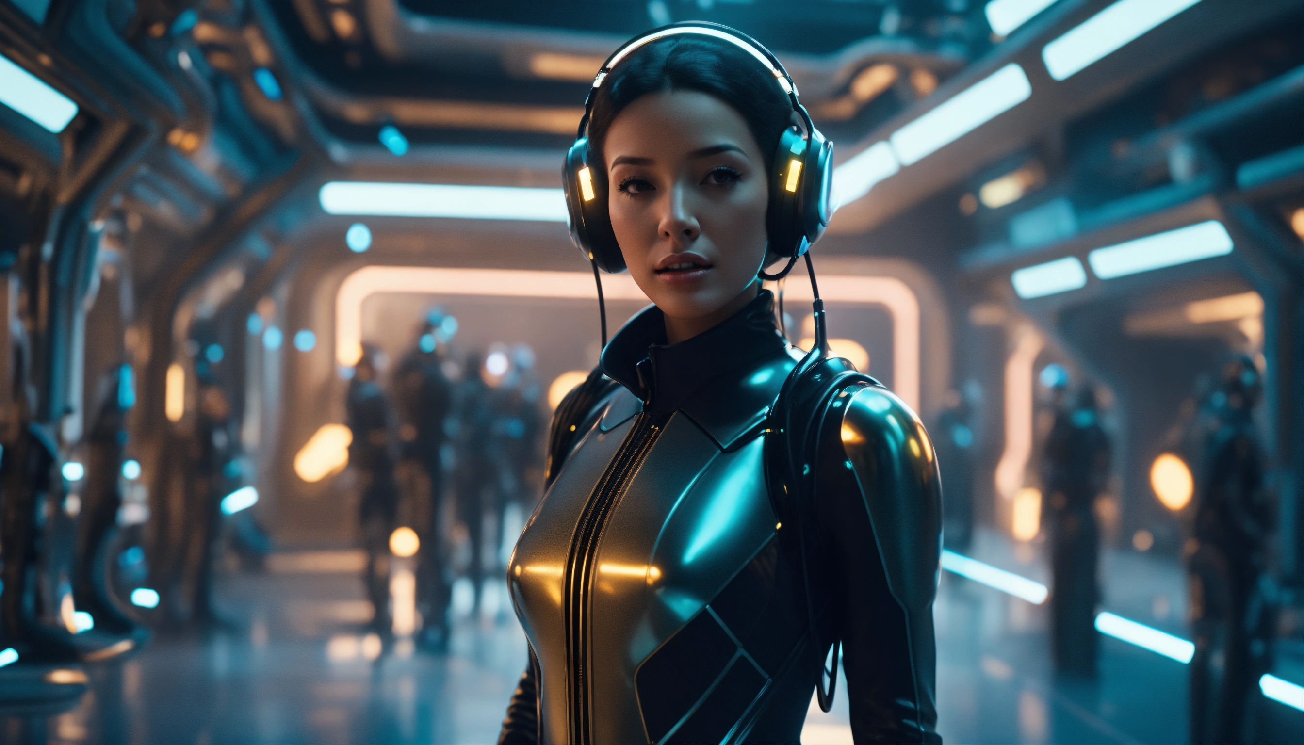 Lexica - Wide shot of a female super spy wearing a tight futuristic spy ...