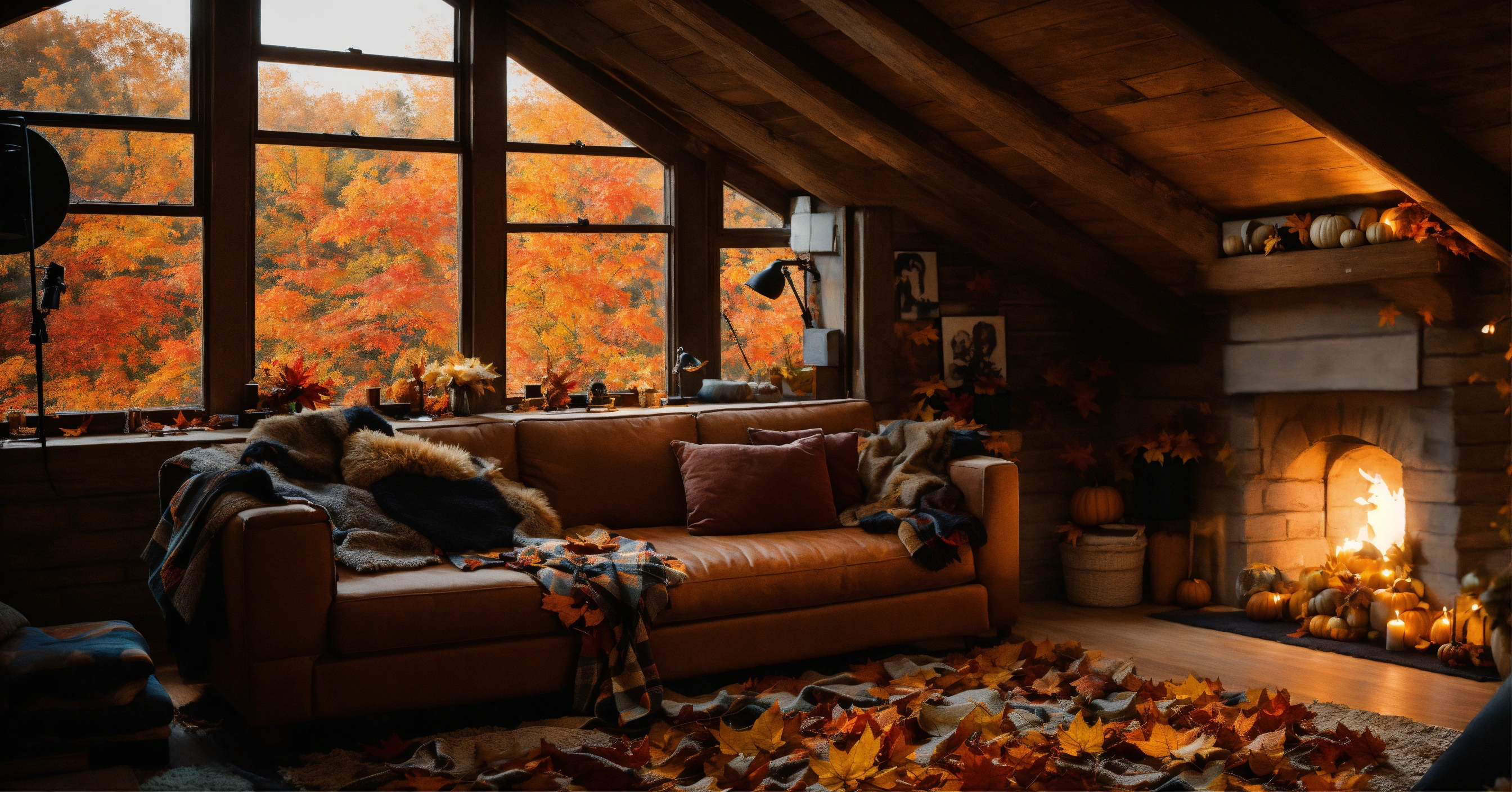 Lexica - Night time attic, fall leaves, night window, fluffy rug ...