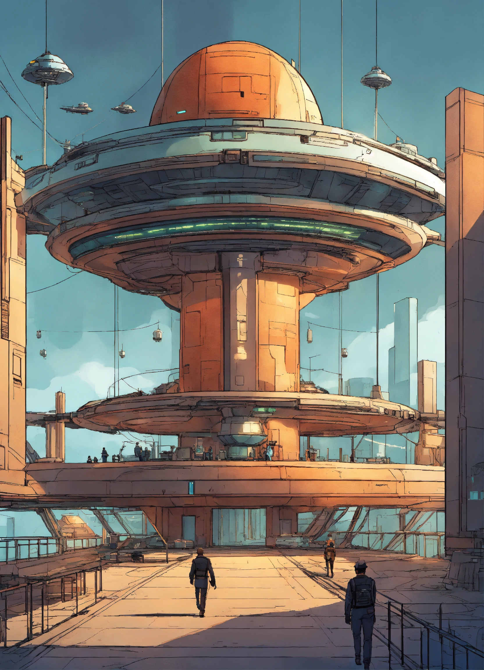 Lexica - A large open futuristic dock for spaceships. People walking ...