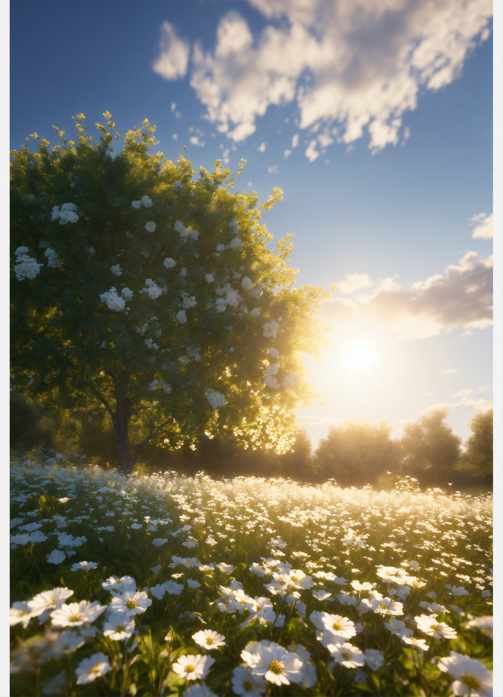 Lexica - White flowers, blue sky, trees and sun shining in the ...
