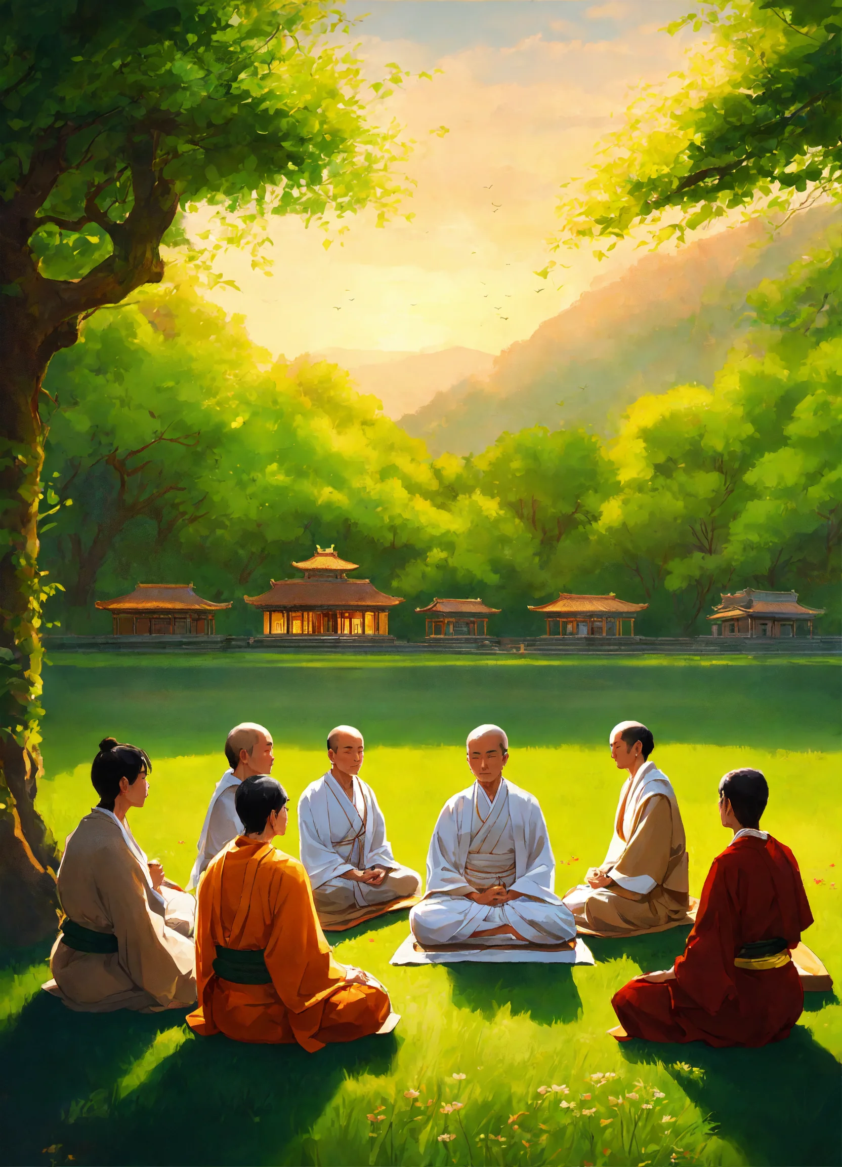 Lexica - A group of disciples, sitting in a circle, outside a temple ...