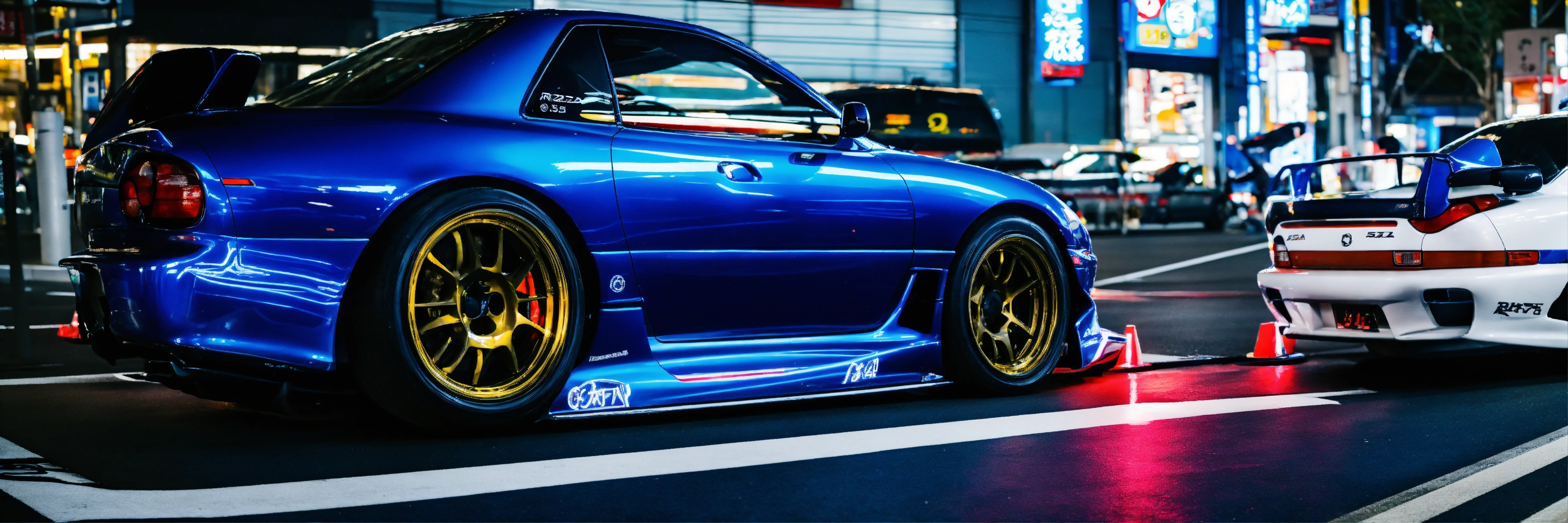 Lexica - A blue Nissan Silvia S15 street racing a Mazda RX7 in Tokyo.