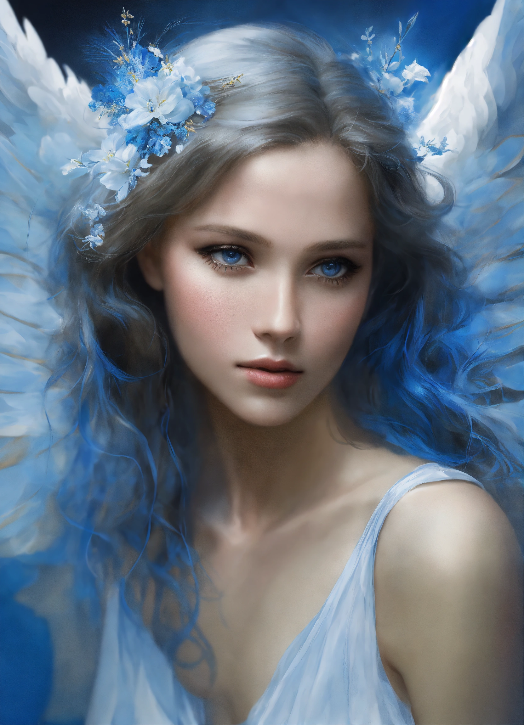 Lexica - Angel look like woman but realistick in white and blue colours ...