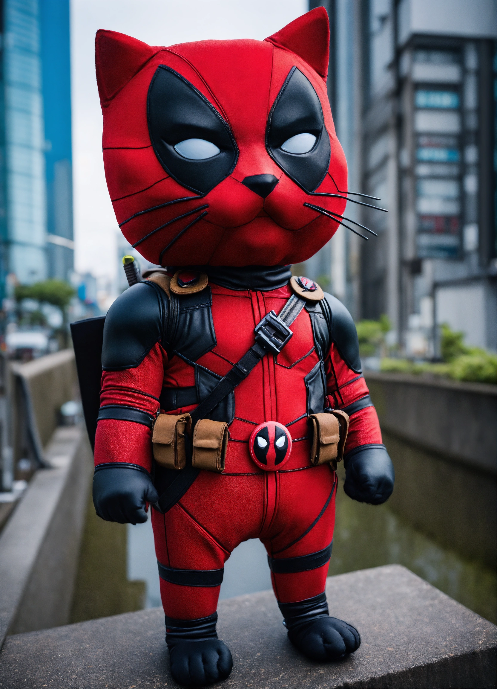 Lexica - A cat wearing a Deadpool suit in Tokyo catching villains ...
