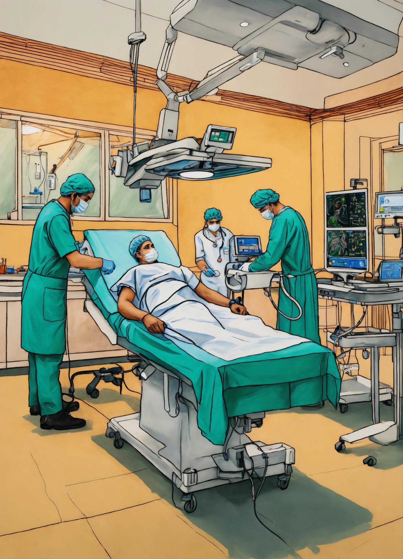 Lexica - A hand drawn painting of an operation theatre where a patient ...