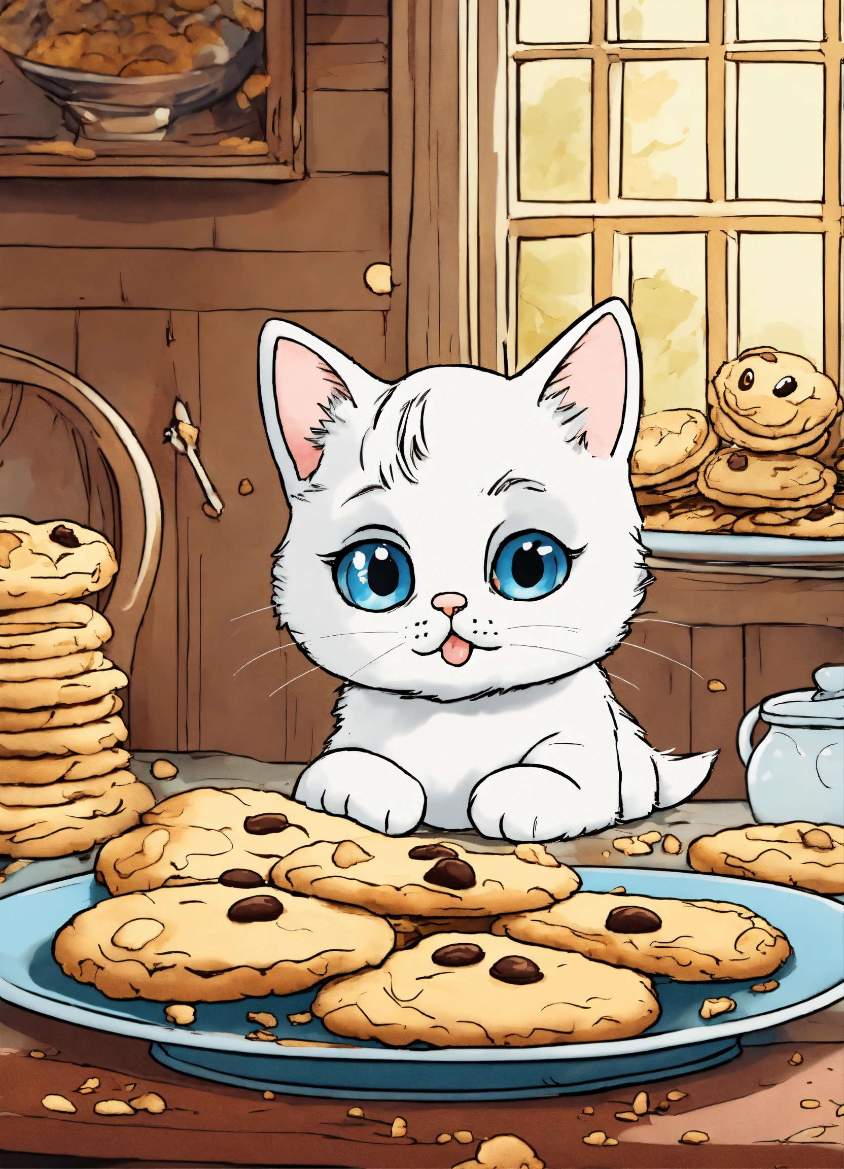 Lexica - A cute ADORABLE white LITTLE cat WITH BIG EYES, eating messy ...