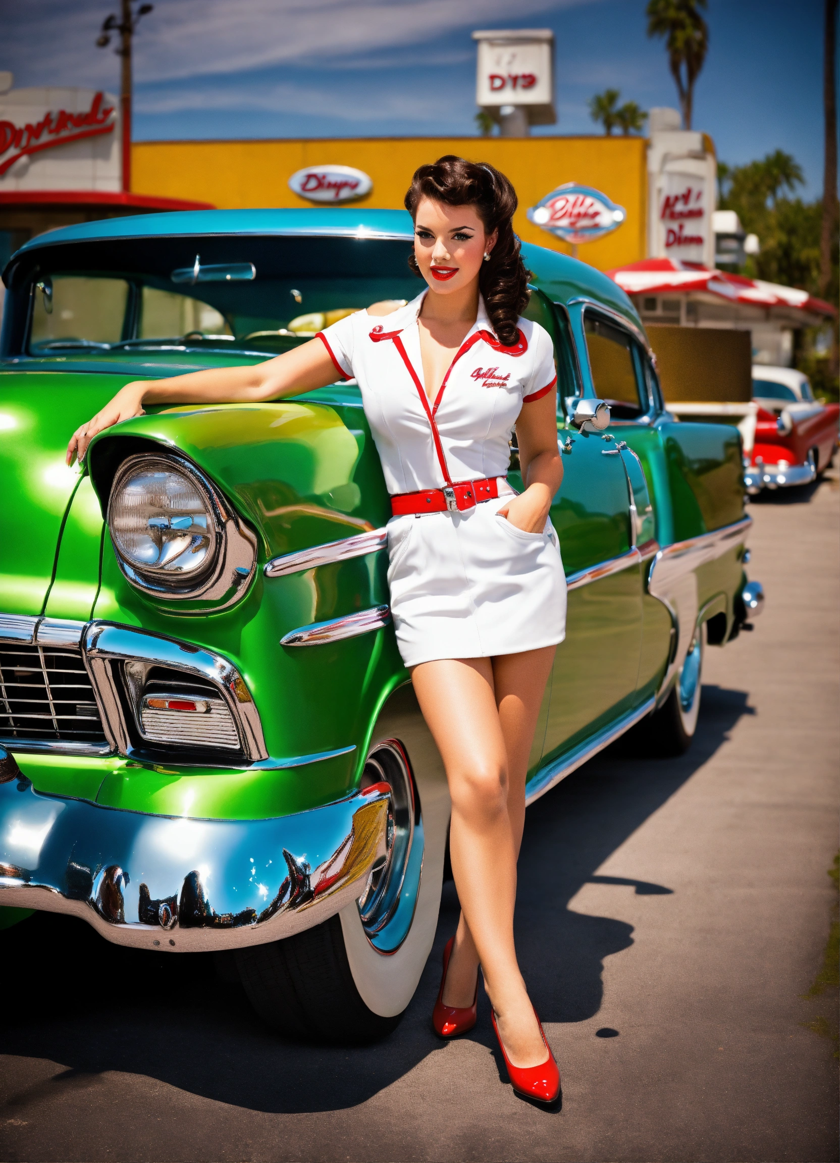 Lexica - 1955 Chevy Bel Air, pinup girl, brunette, retro, 1950’s diner