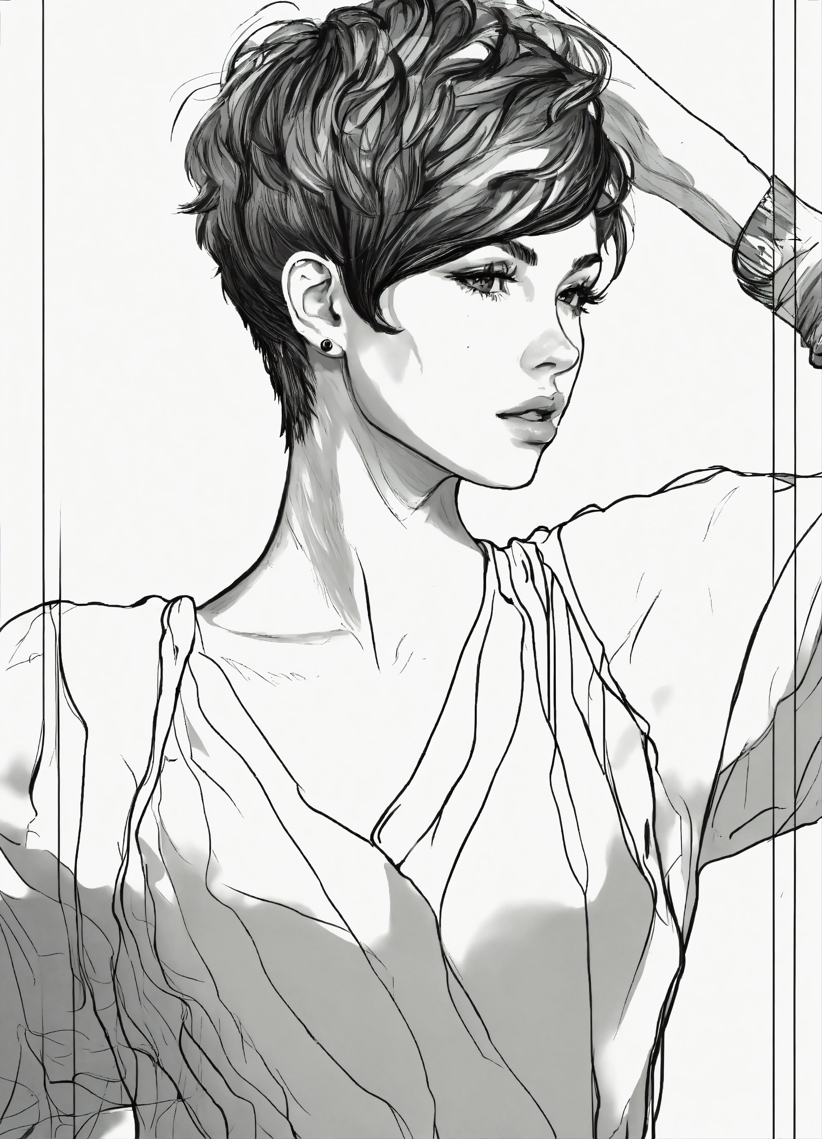 Lexica - Black and white line drawing, woman, pixie cut, upper body ...