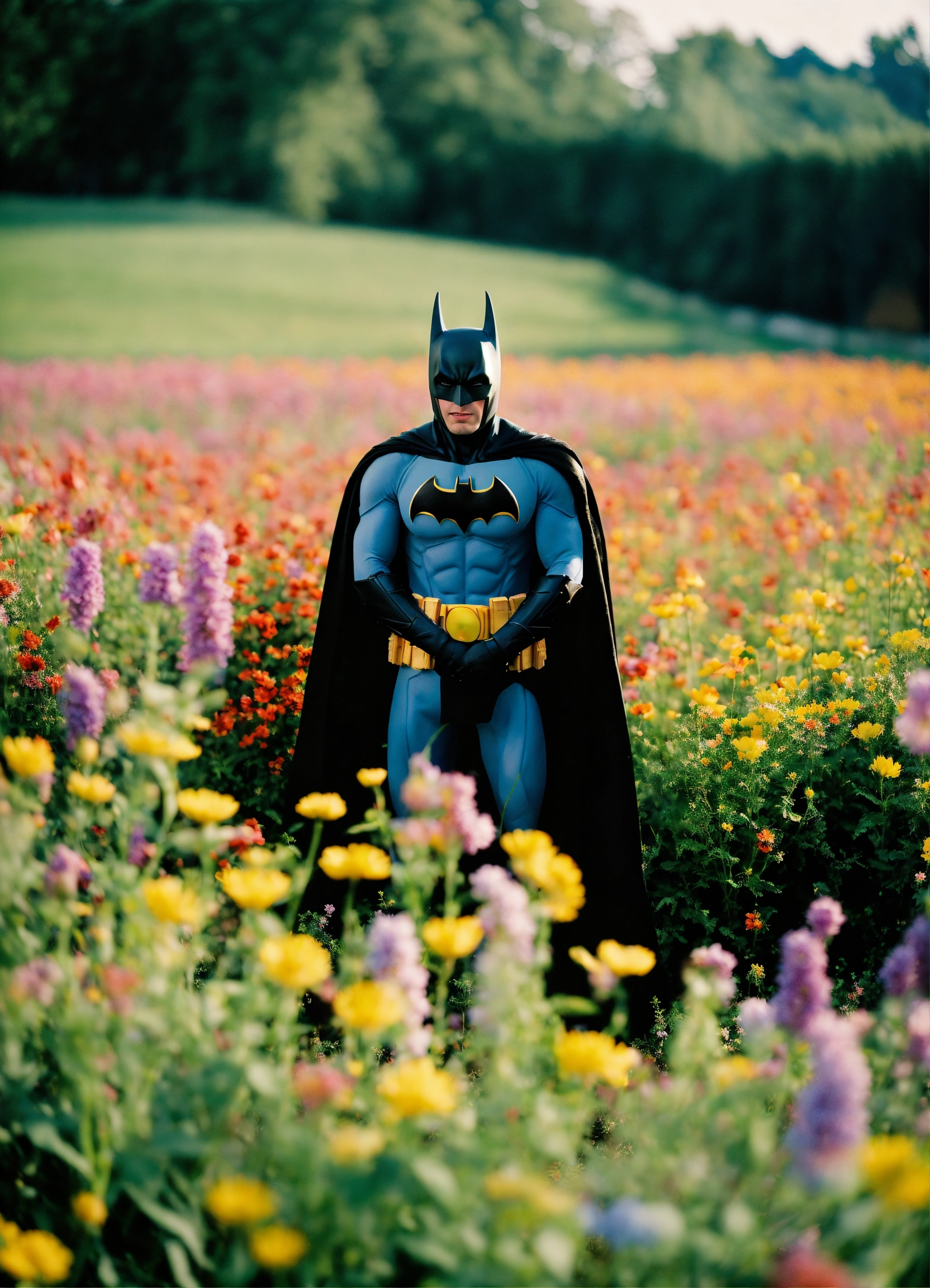 Lexica - Happy Batman standing in a beautiful field of flowers ...