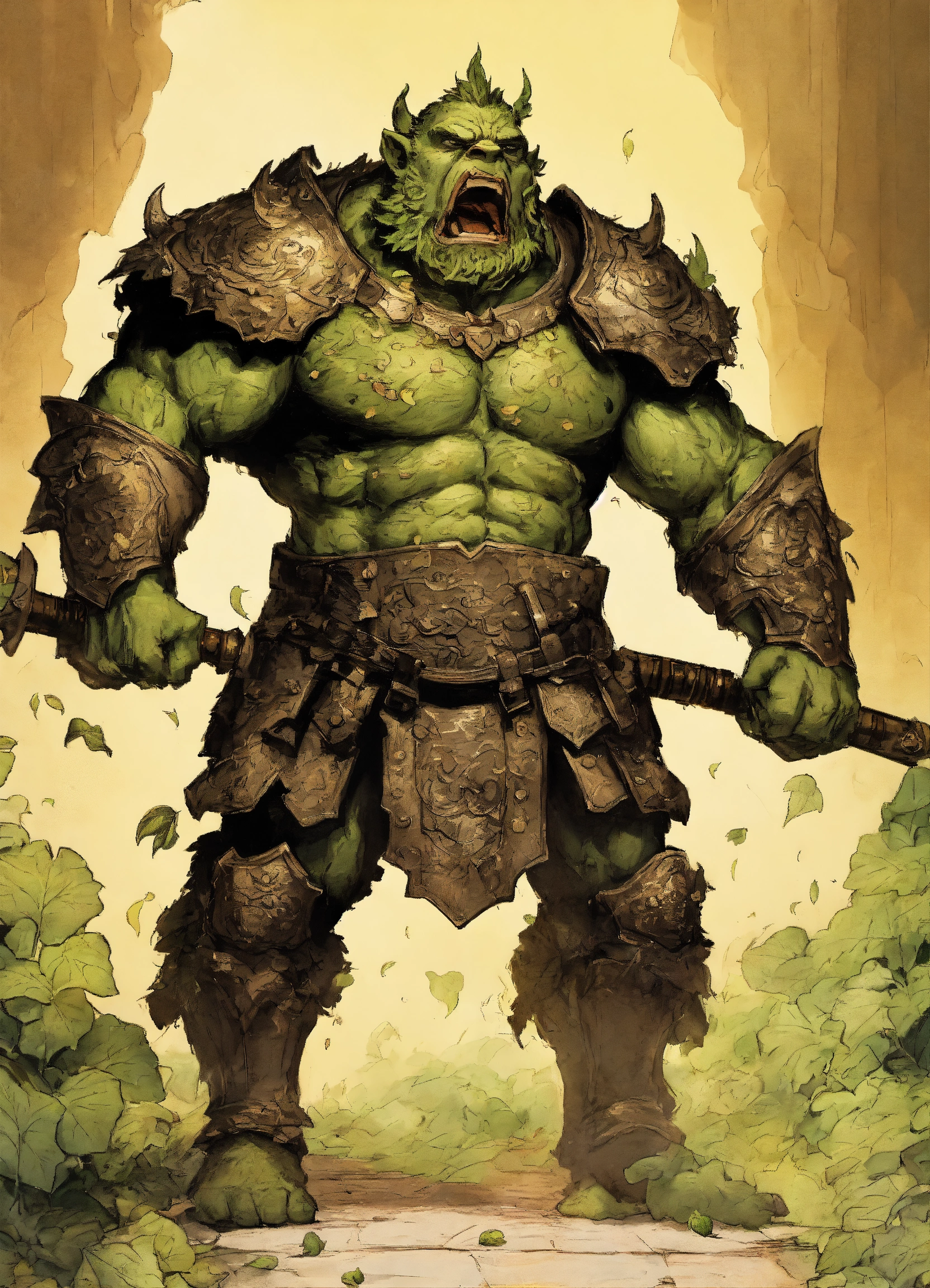 Lexica - A ugly stoic muscular ogre with plate armor yelling. comic ...