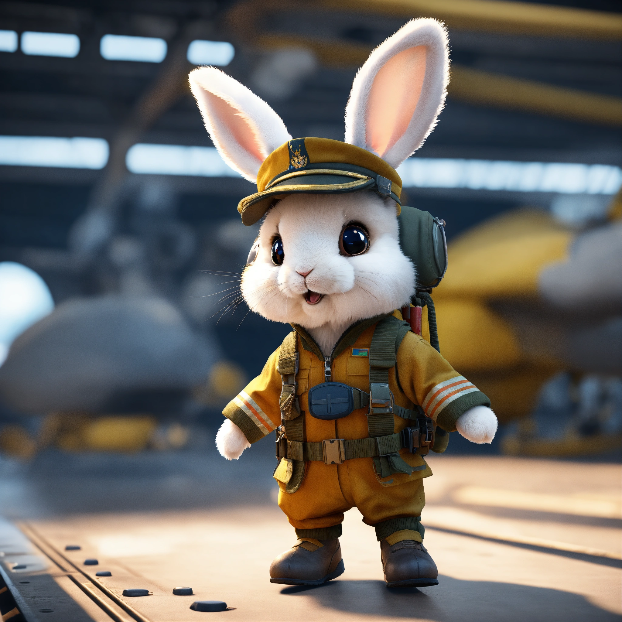 Lexica - A cute fluffy rabbit pilot walking on a military aircraft ...