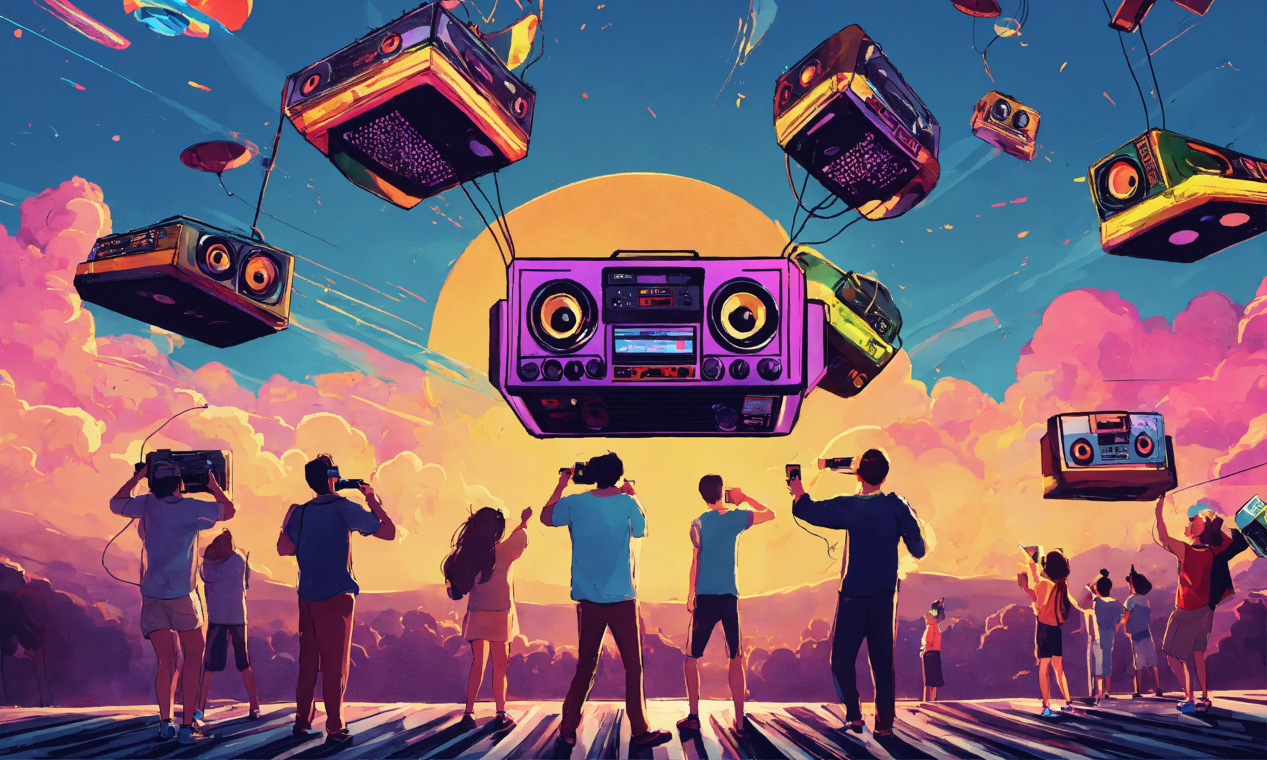 Lexica - People hold boomboxes over their heads blaring sounds waves at ...