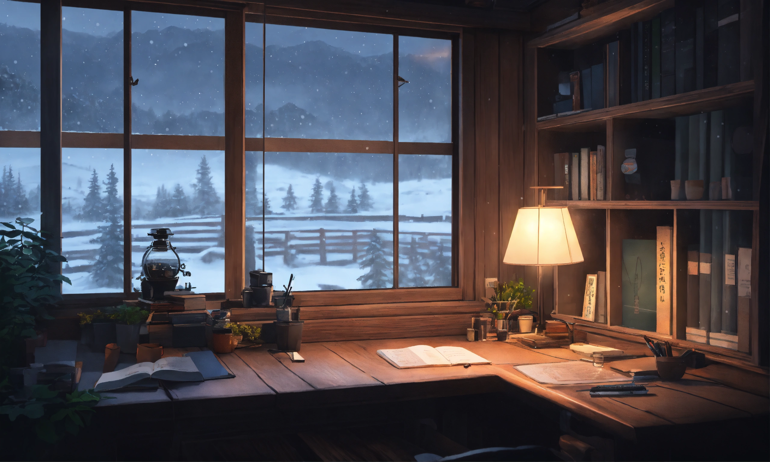 Lexica - Study room in forrest cabin, dark grey washed tints, studio ...