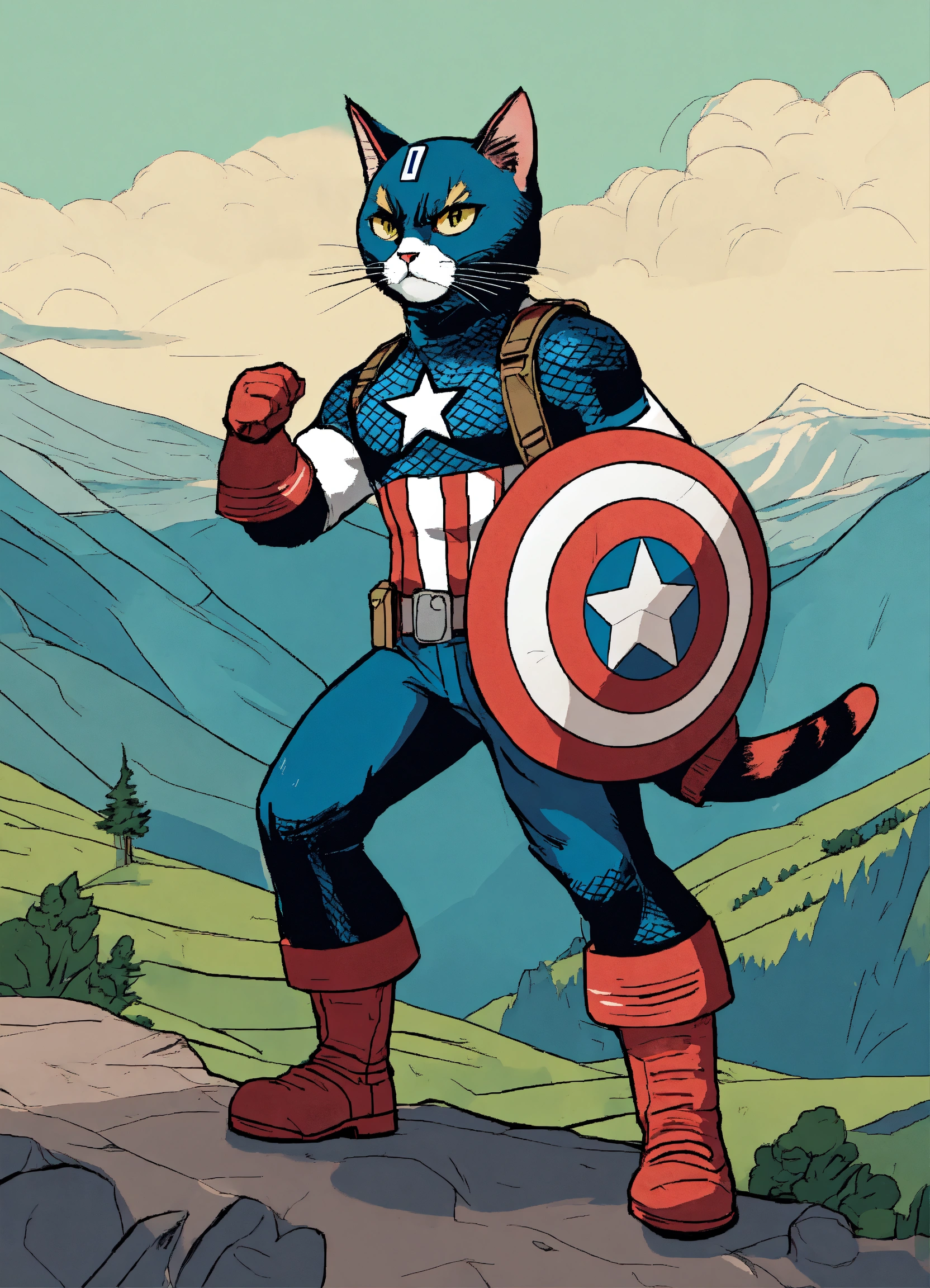 Lexica - A cat wearing a Captain America suit in the mountains fighting ...