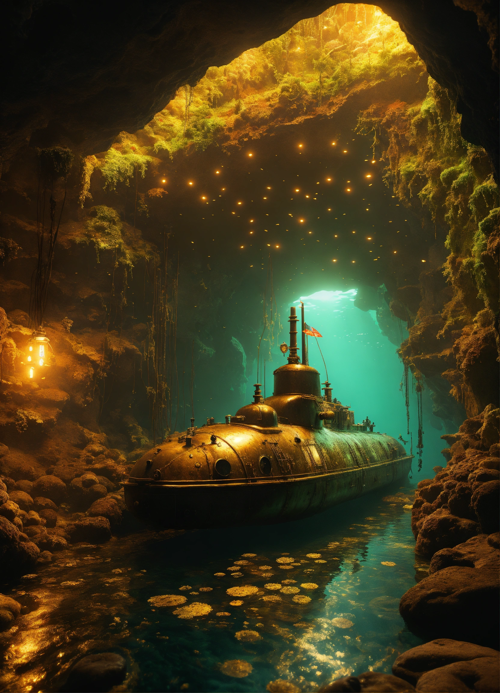 Lexica - Deurgar steampunk submarine, in mystical sea-cave with ...