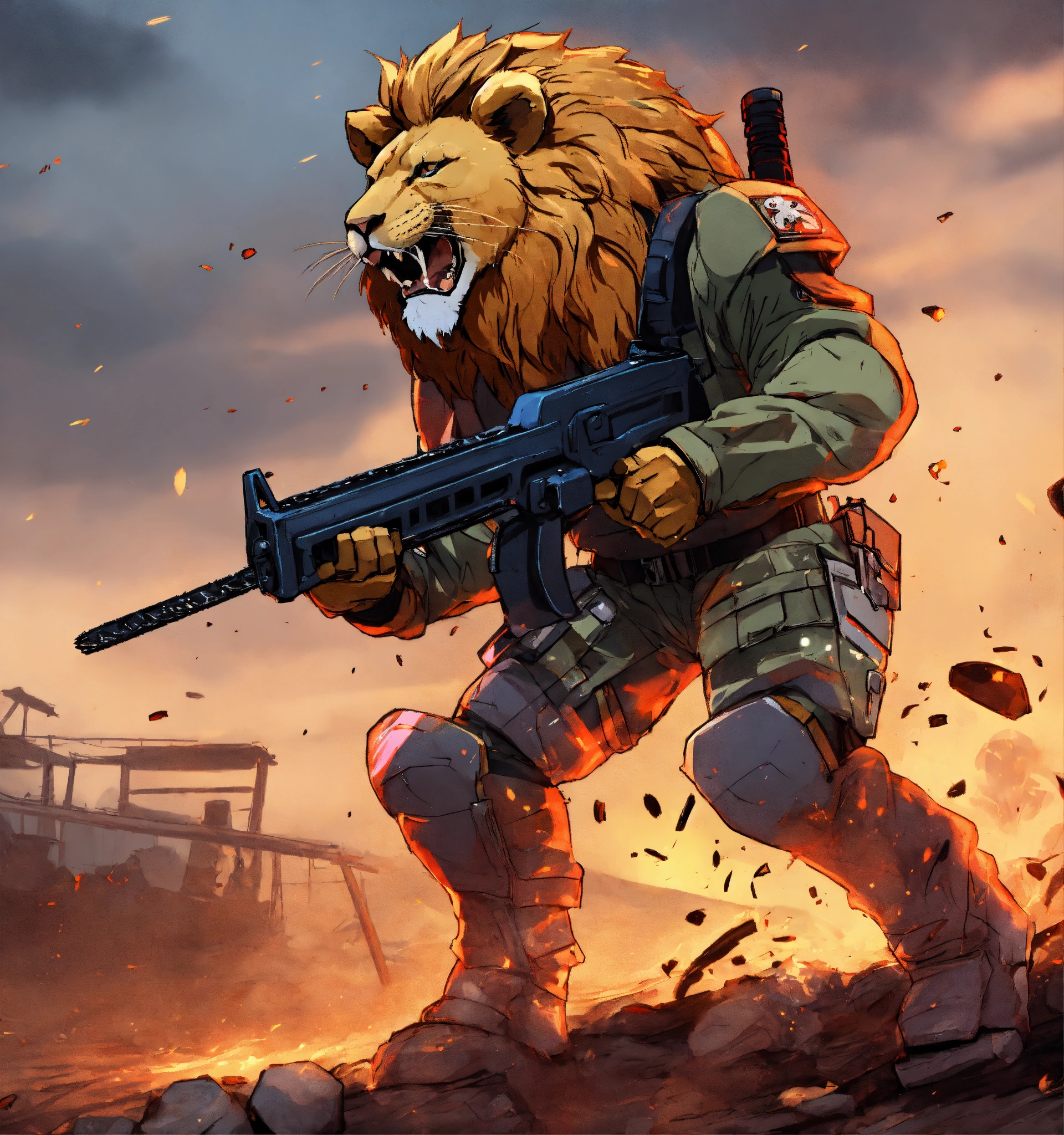 Lexica - Anime humanoid lion soilder fighting with a chainsaw in his hands
