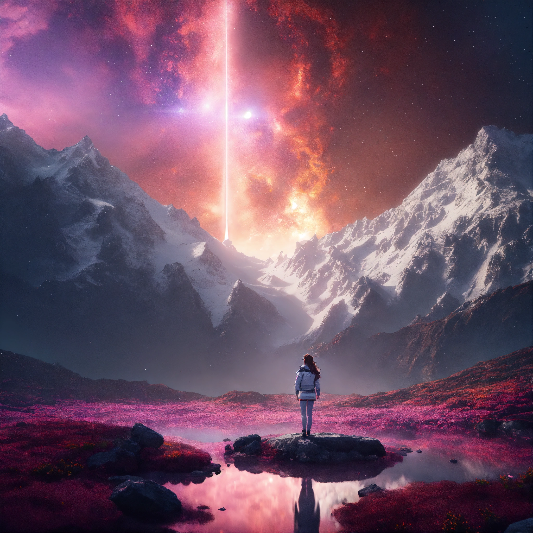Lexica - Text two Unicorn white and young woman, mountain nebula ...