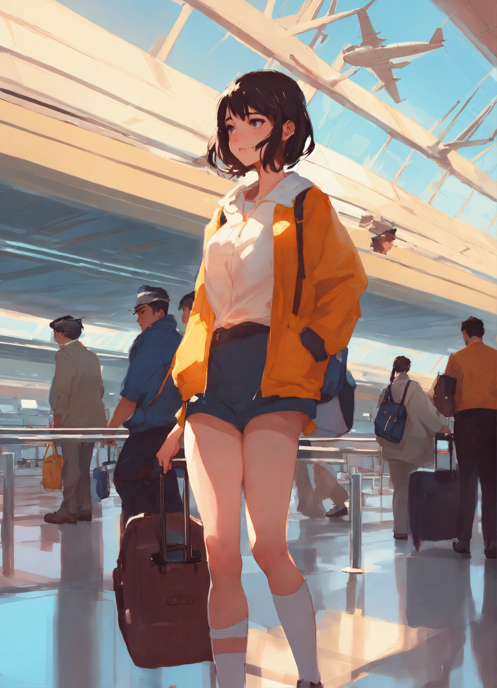 Lexica - Cute anime woman at airport, airport crush, wide shot, dynamic ...