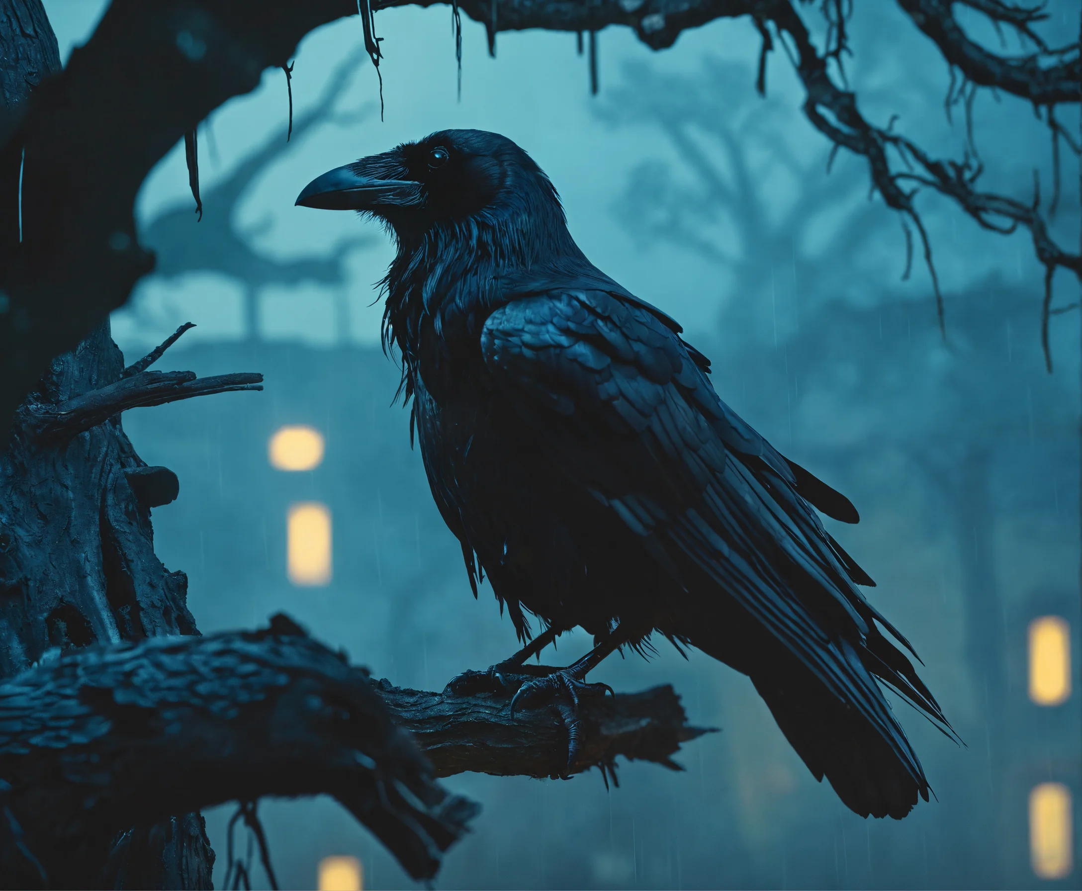 Lexica - A raven sits on a branch of a tree. The raven is lean and ...