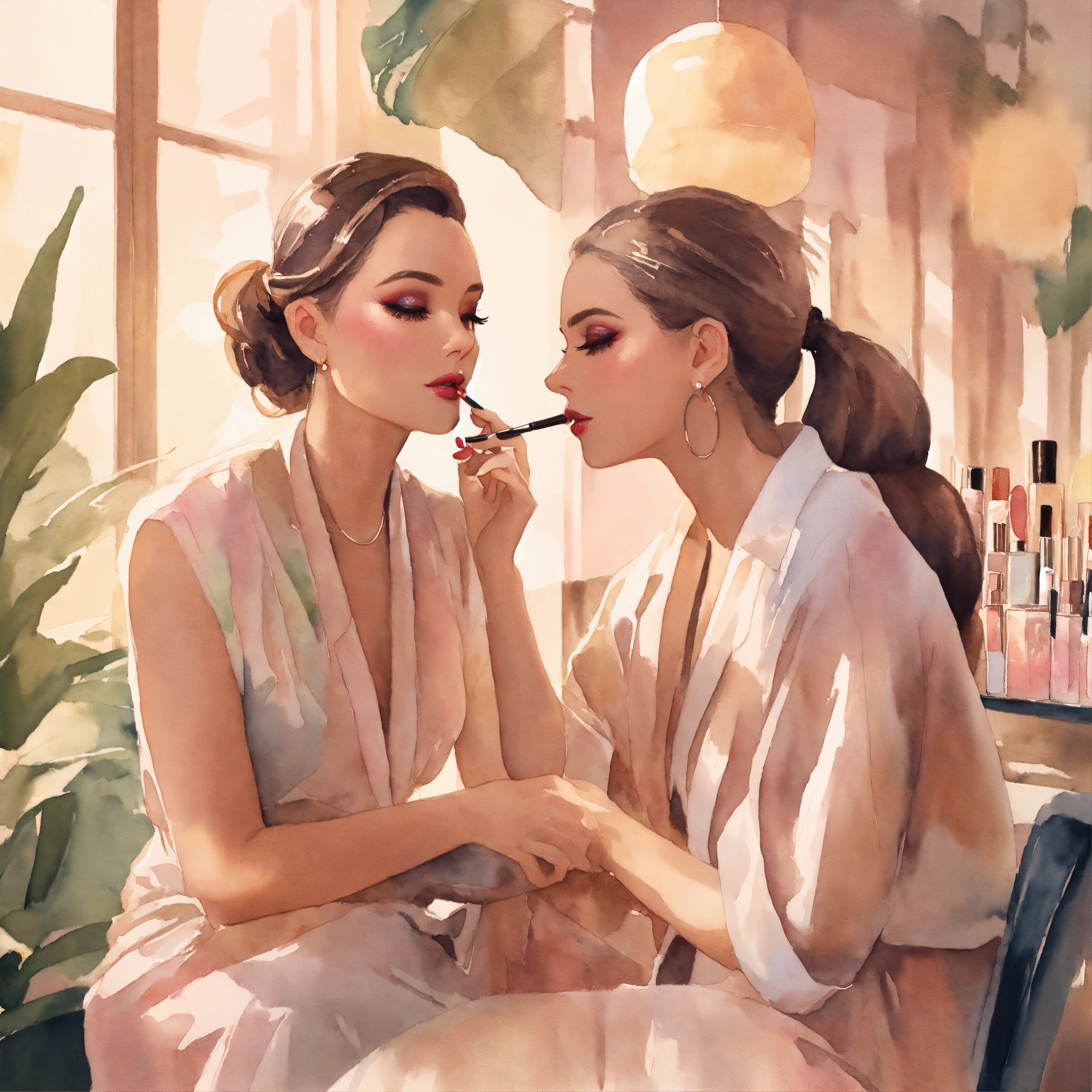 Lexica - Makeup artist and a beautiful client, gossiping in a beauty ...