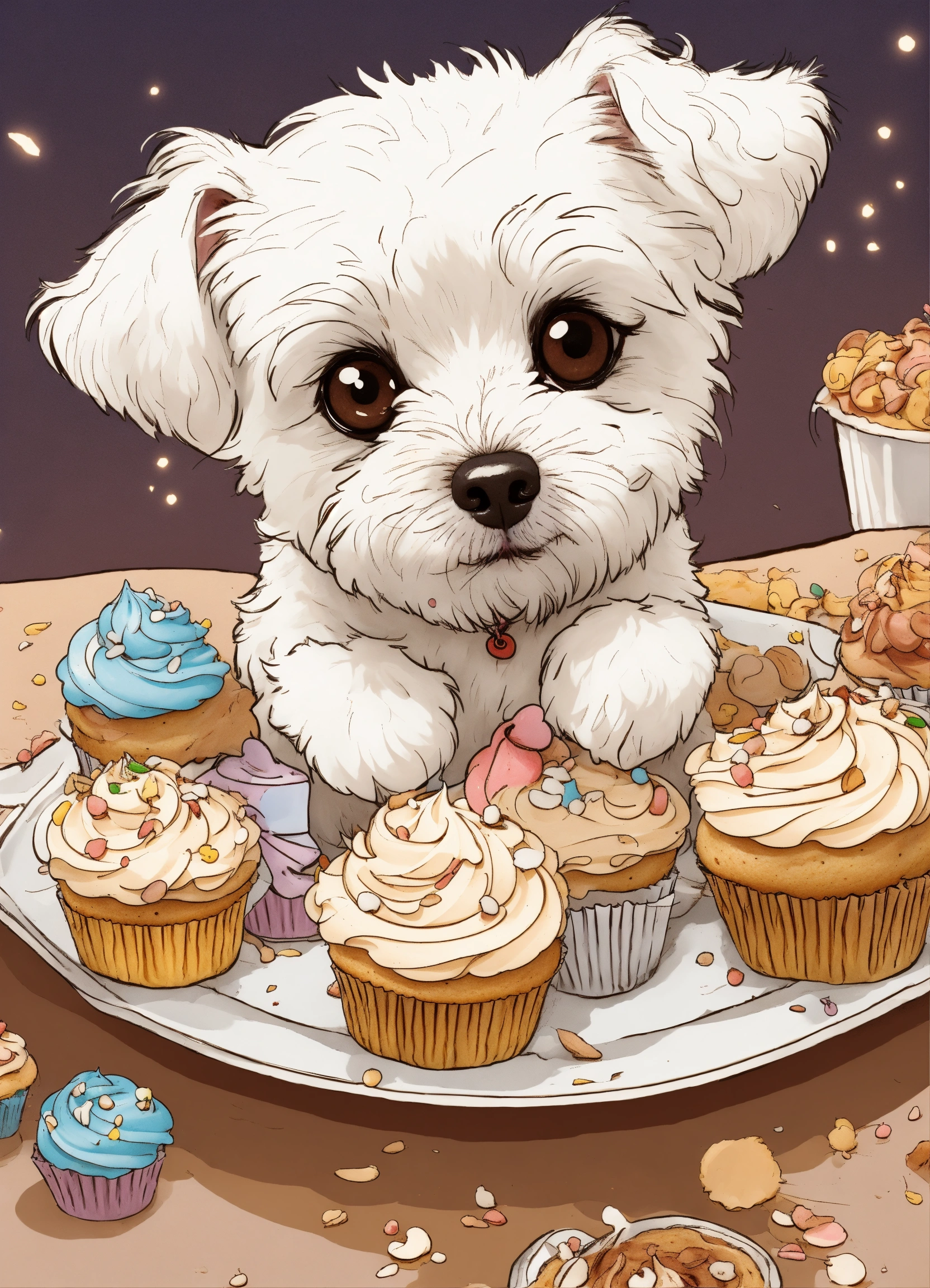 Lexica - A cute ADORABLE WHITE LITTLE DOG WITH BIG EYES, eating messy ...