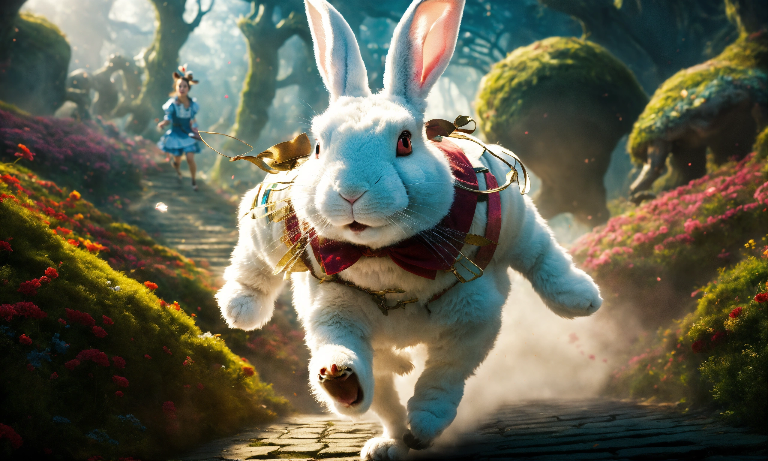 Lexica - A white rabbit from Alice in wonderland, running from a giant ...
