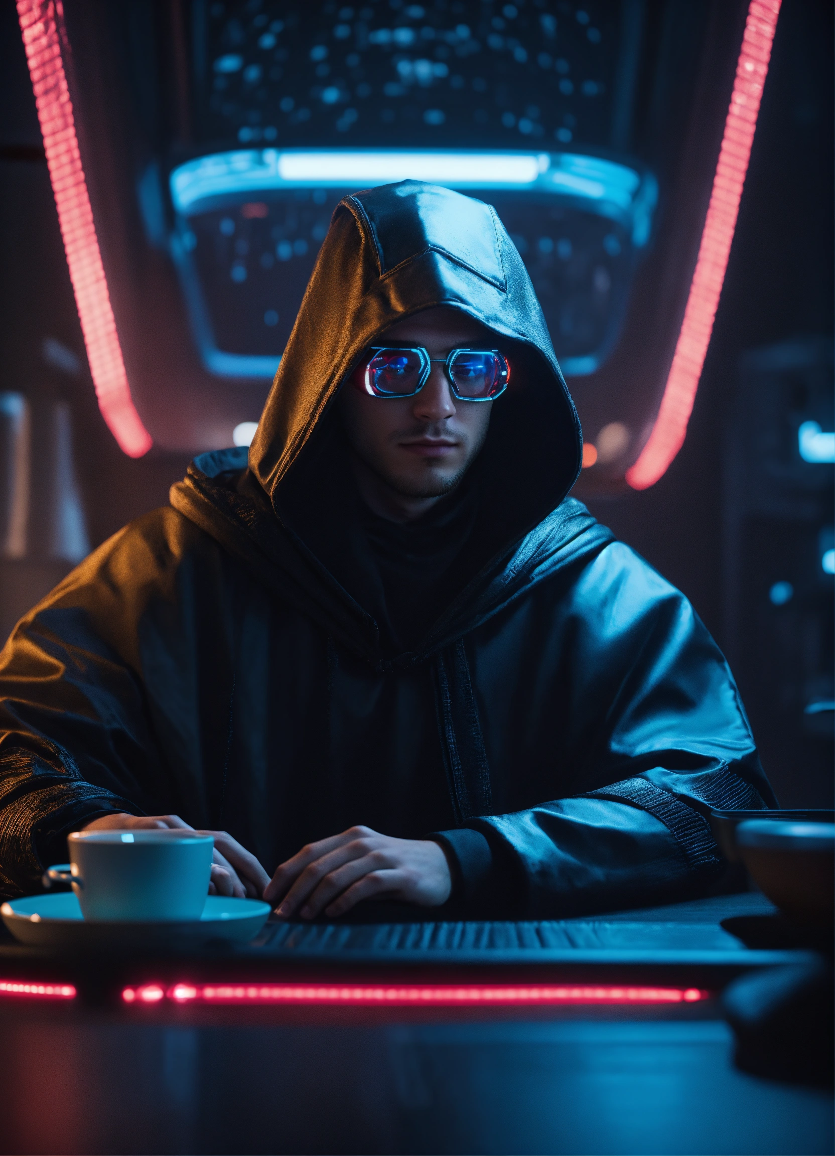 Lexica - Nerdy 25 year old male hacker wearing futuristic black cloak ...