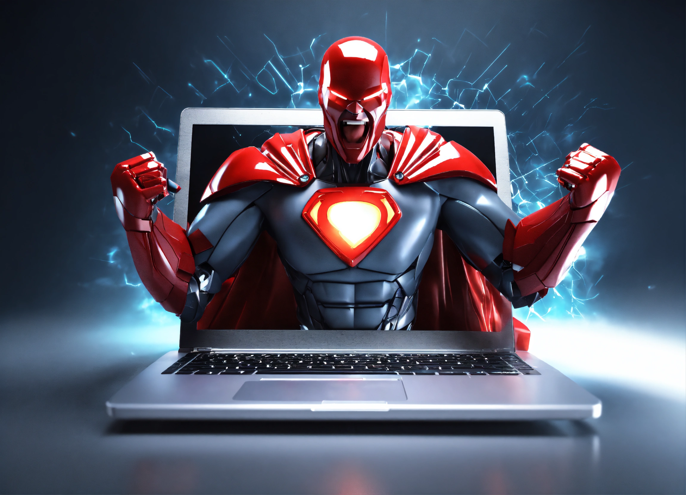 Lexica - Superhero cyborg, 3d, come out of laptop screen, happy, screaming