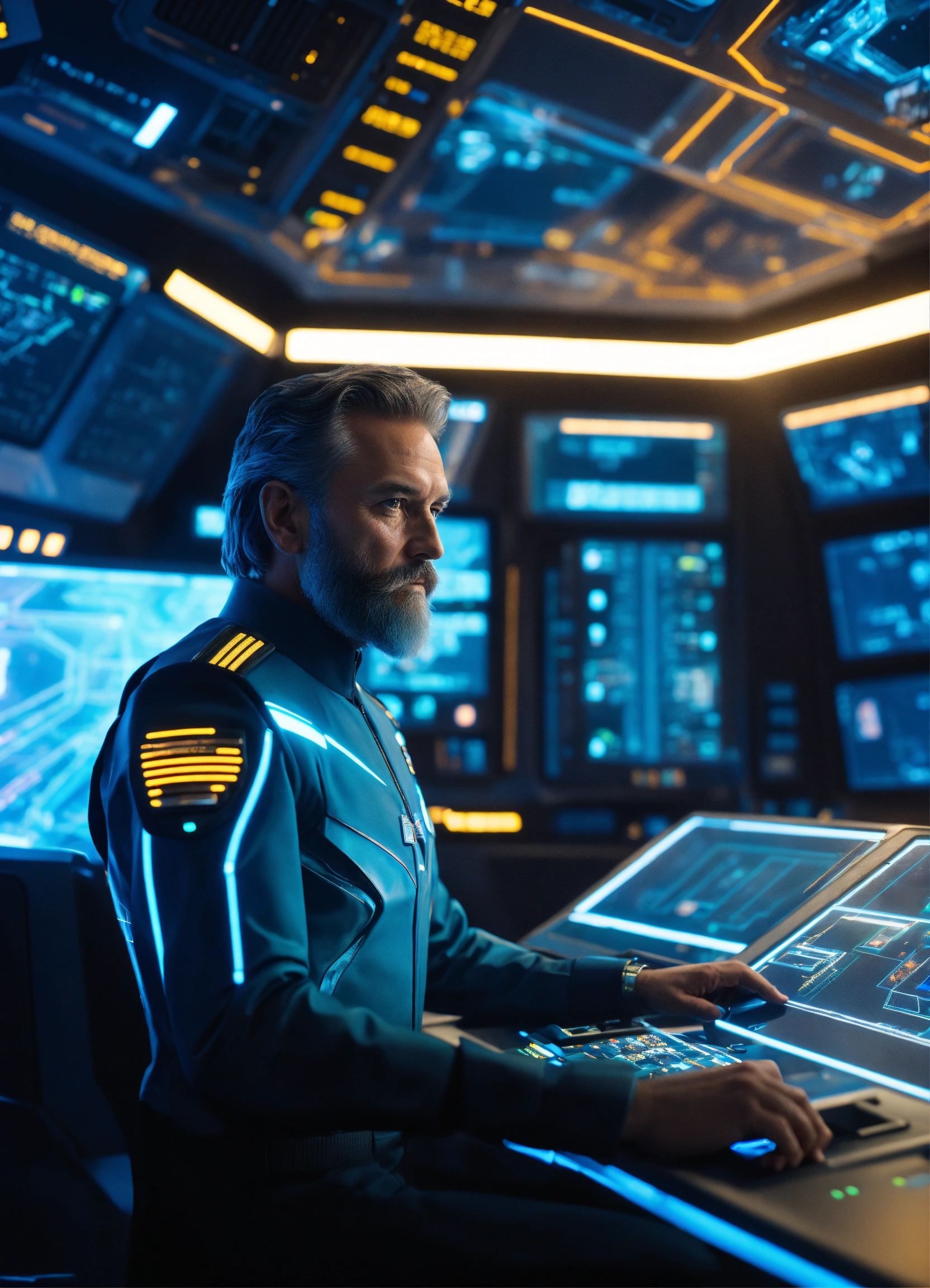 Lexica - 50 year old masculine star commander looking at a hologram ...