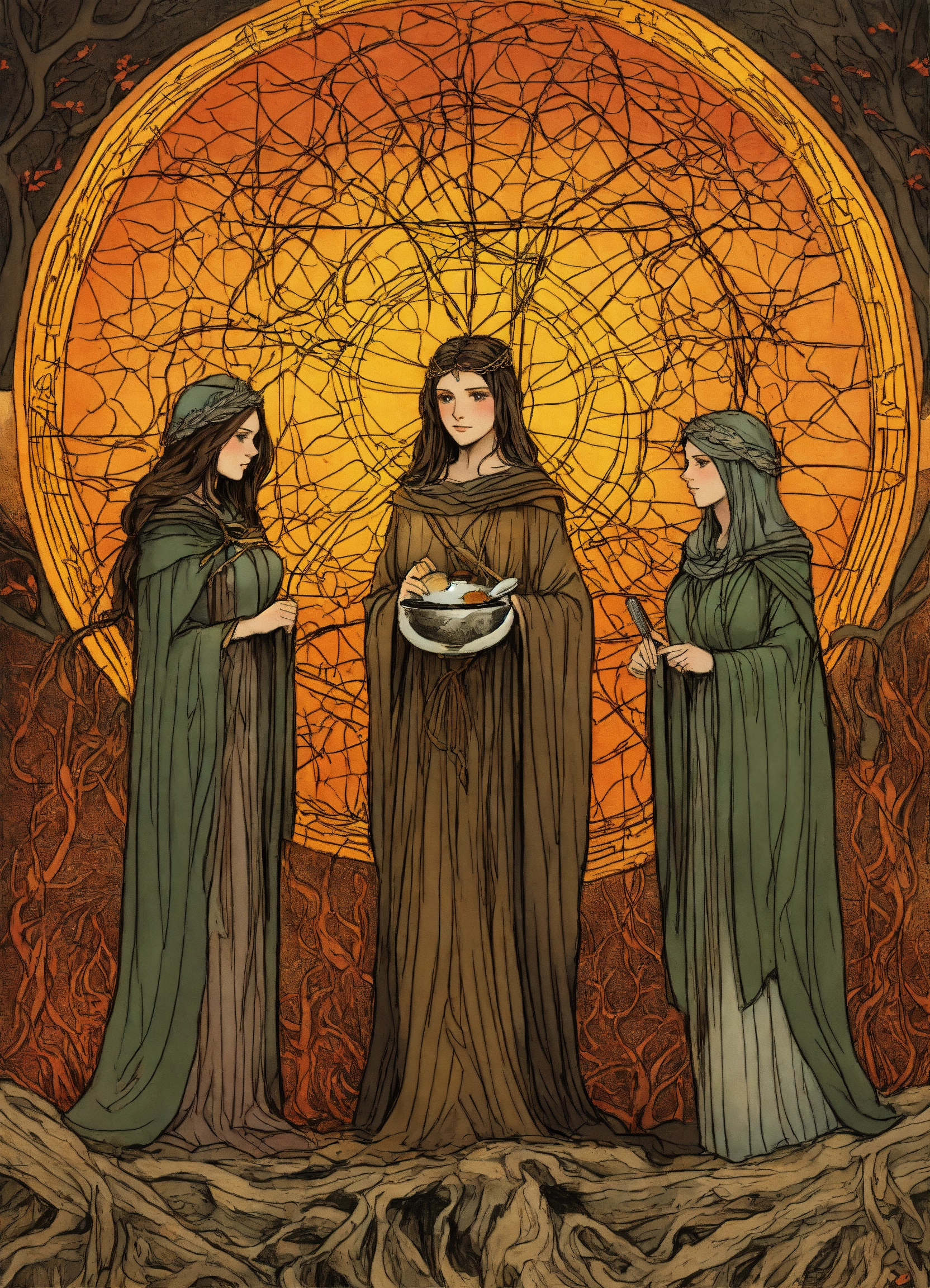 Lexica - The norns weaving the web of destiny colored drawing