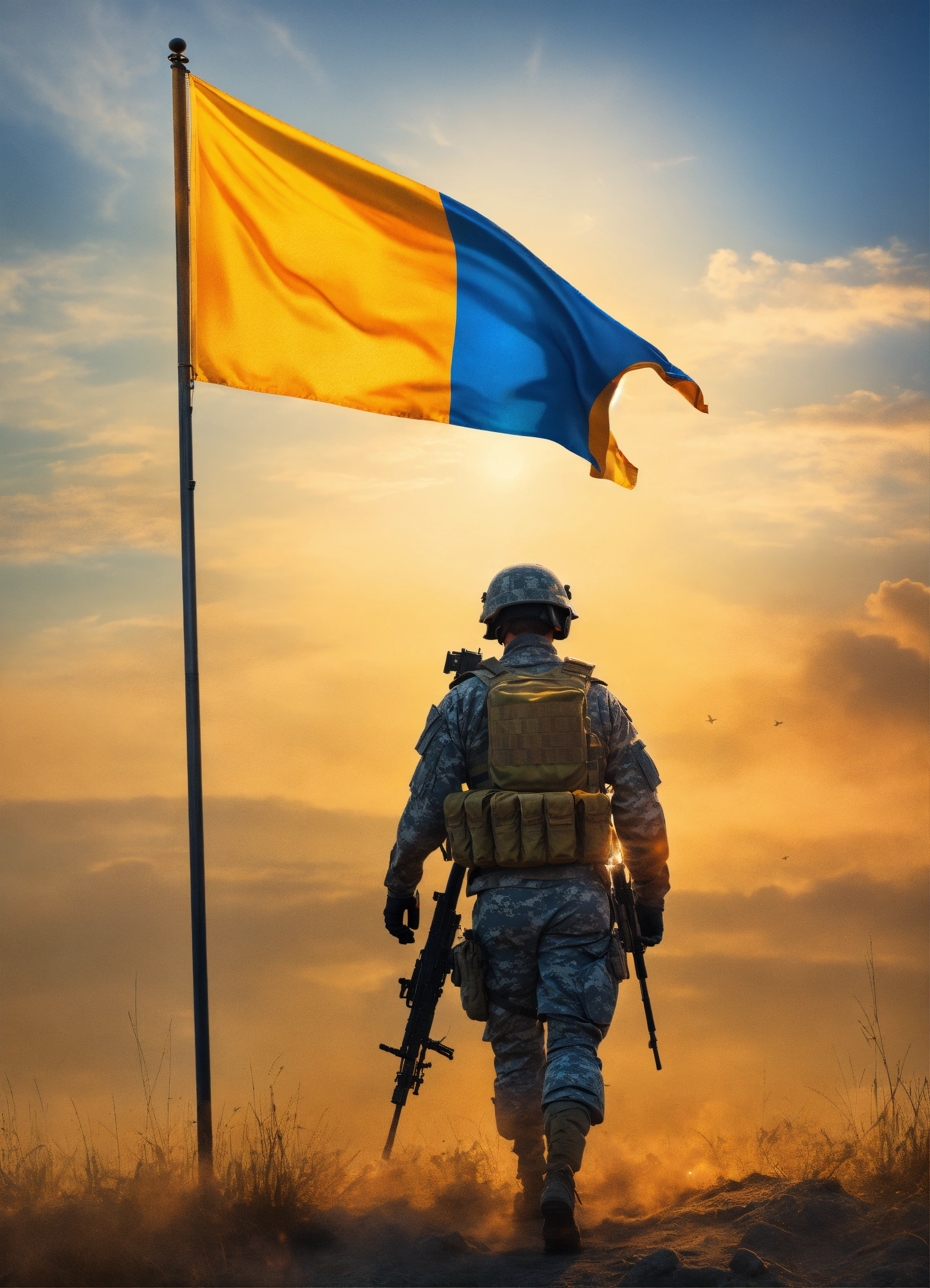 Lexica - A yellow and blue flag with an orange sun, realistic millitary ...