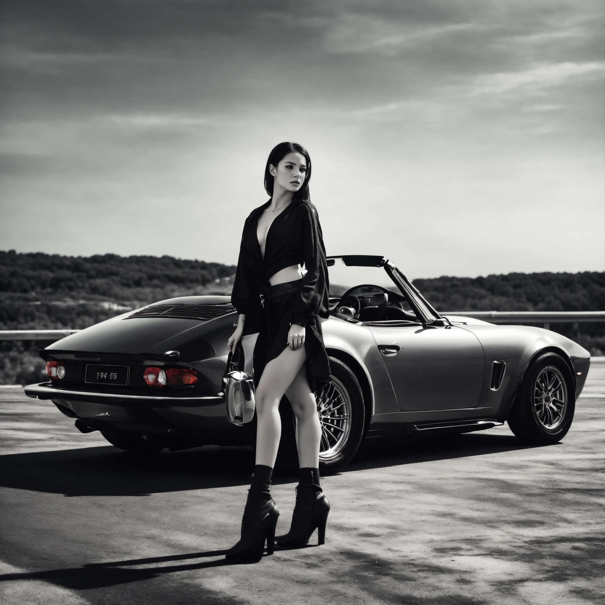 Lexica - "A stunningly beautiful woman with driving monochrome sports car
