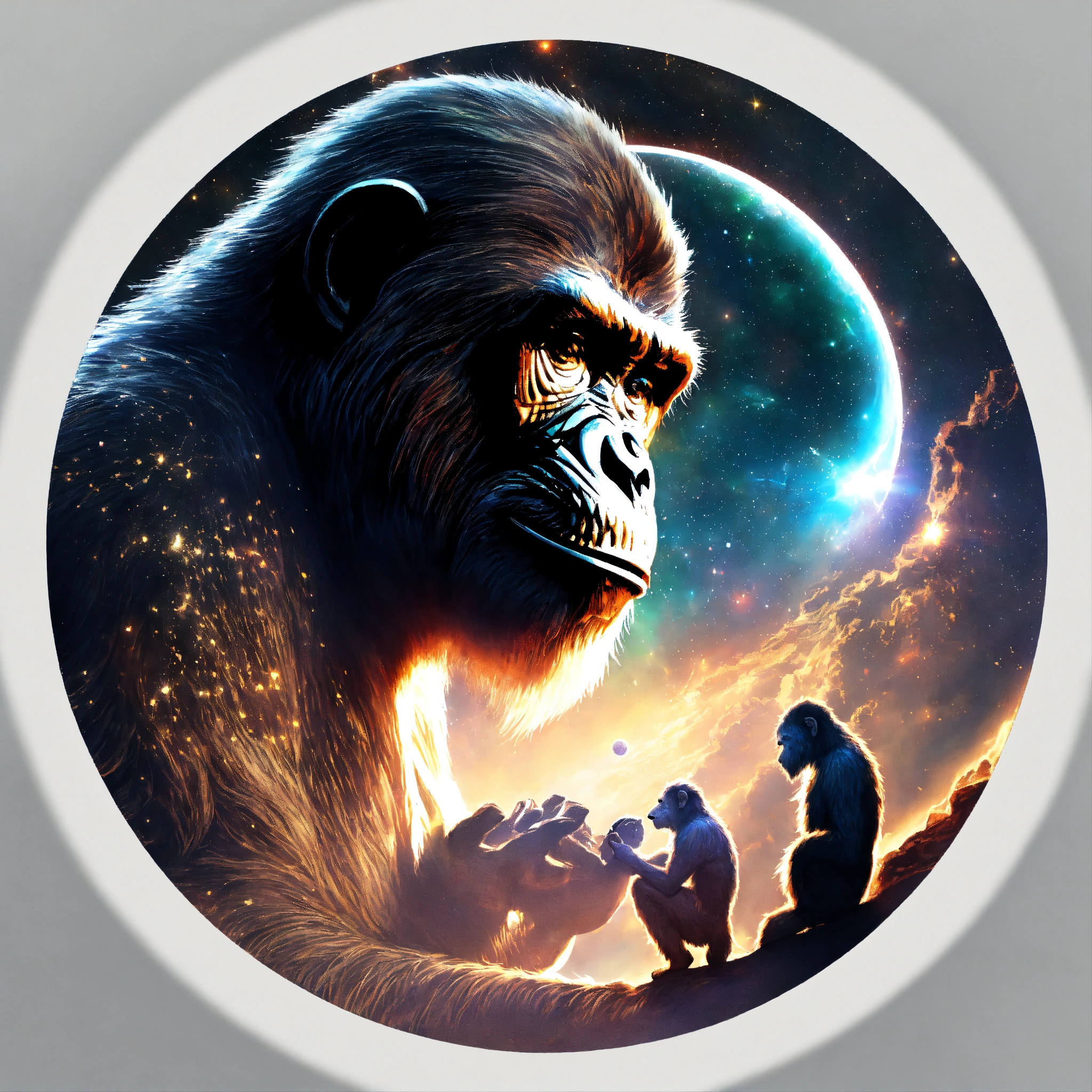 Lexica - Apes praying to human god in space, in circle image ...