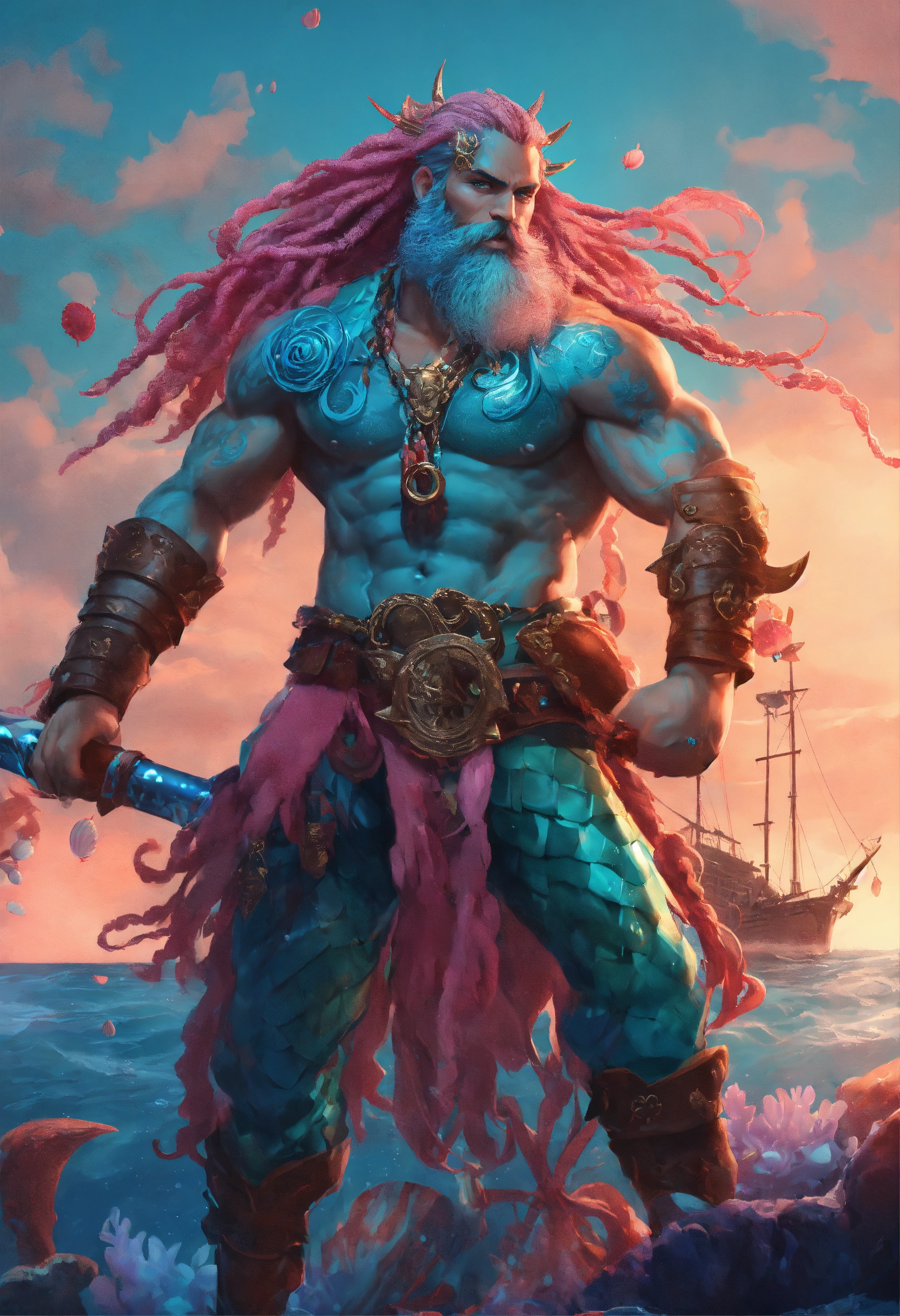 Lexica - A buff muscular Merman pirate with scales across his Blue skin ...