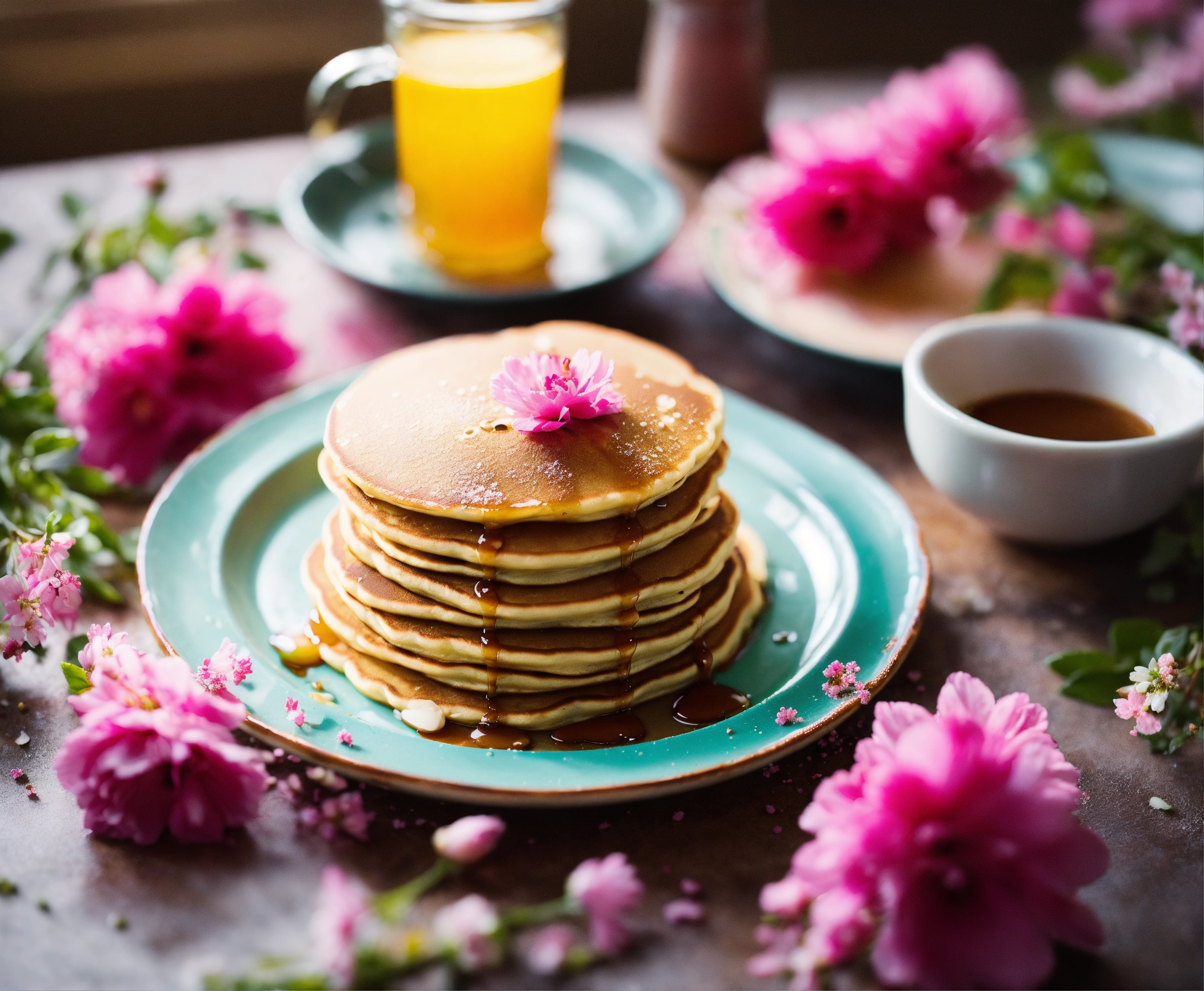 Lexica - Looking down plate of pancake, pink flowers everywhere ...